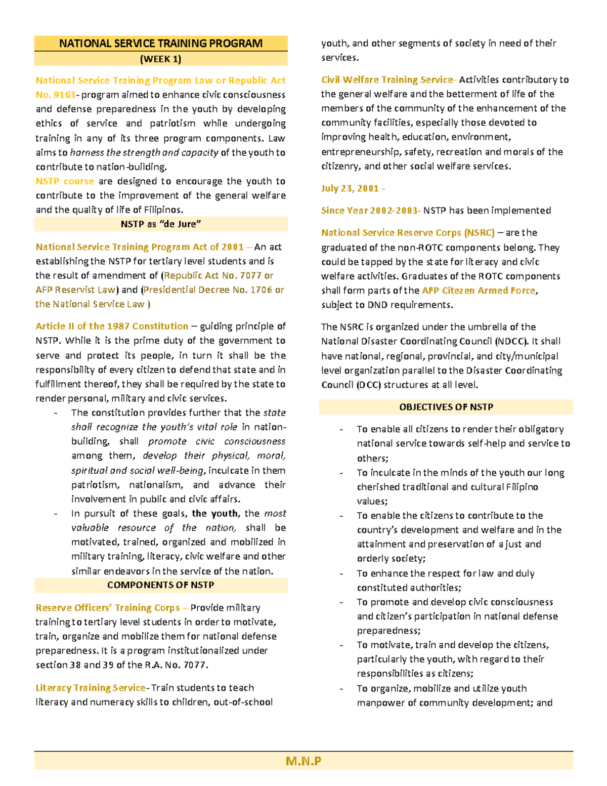 National Service Training Program 1 - 9163- program aimed to enhance ...