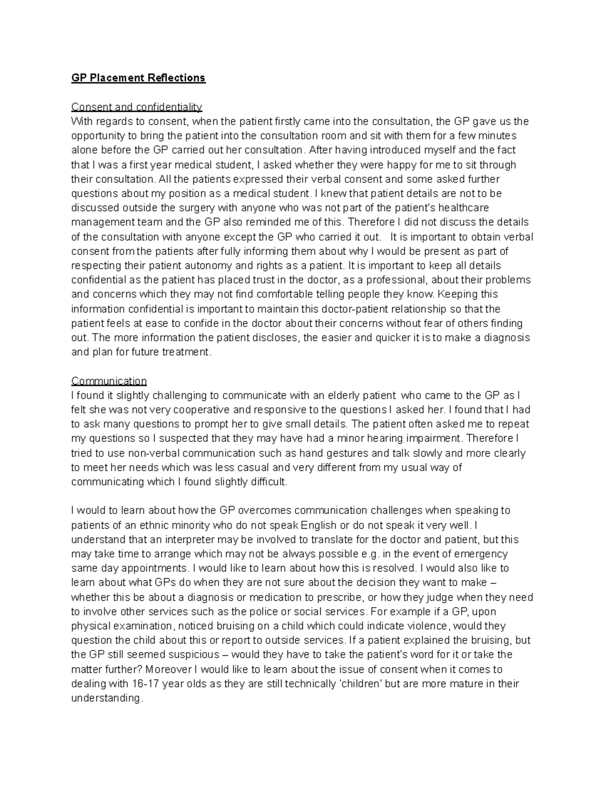 1 GP Placement Reflections - GP Placement Reflections Consent and confidentiality With regards ...