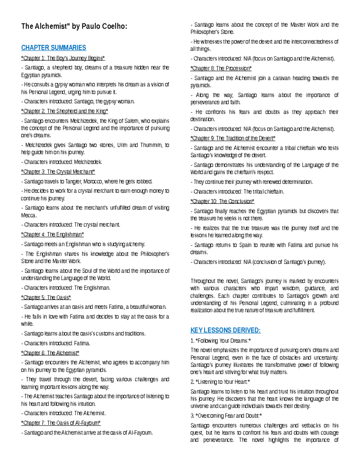 THE Alchemist Overview - The Alchemist" by Paulo Coelho: CHAPTER ...