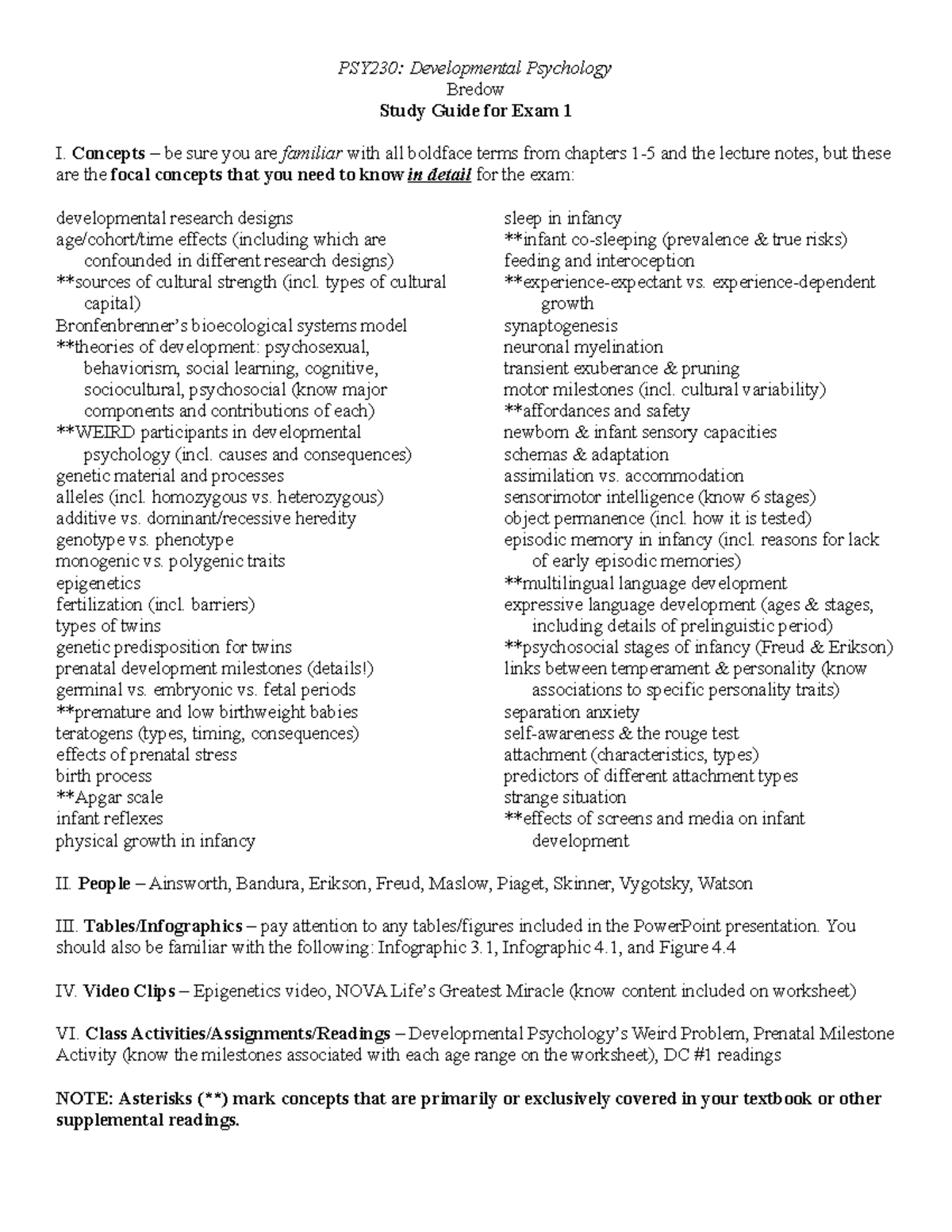 Exam 1 Guide F23 - PSY230: Developmental Psychology Bredow Study Guide ...