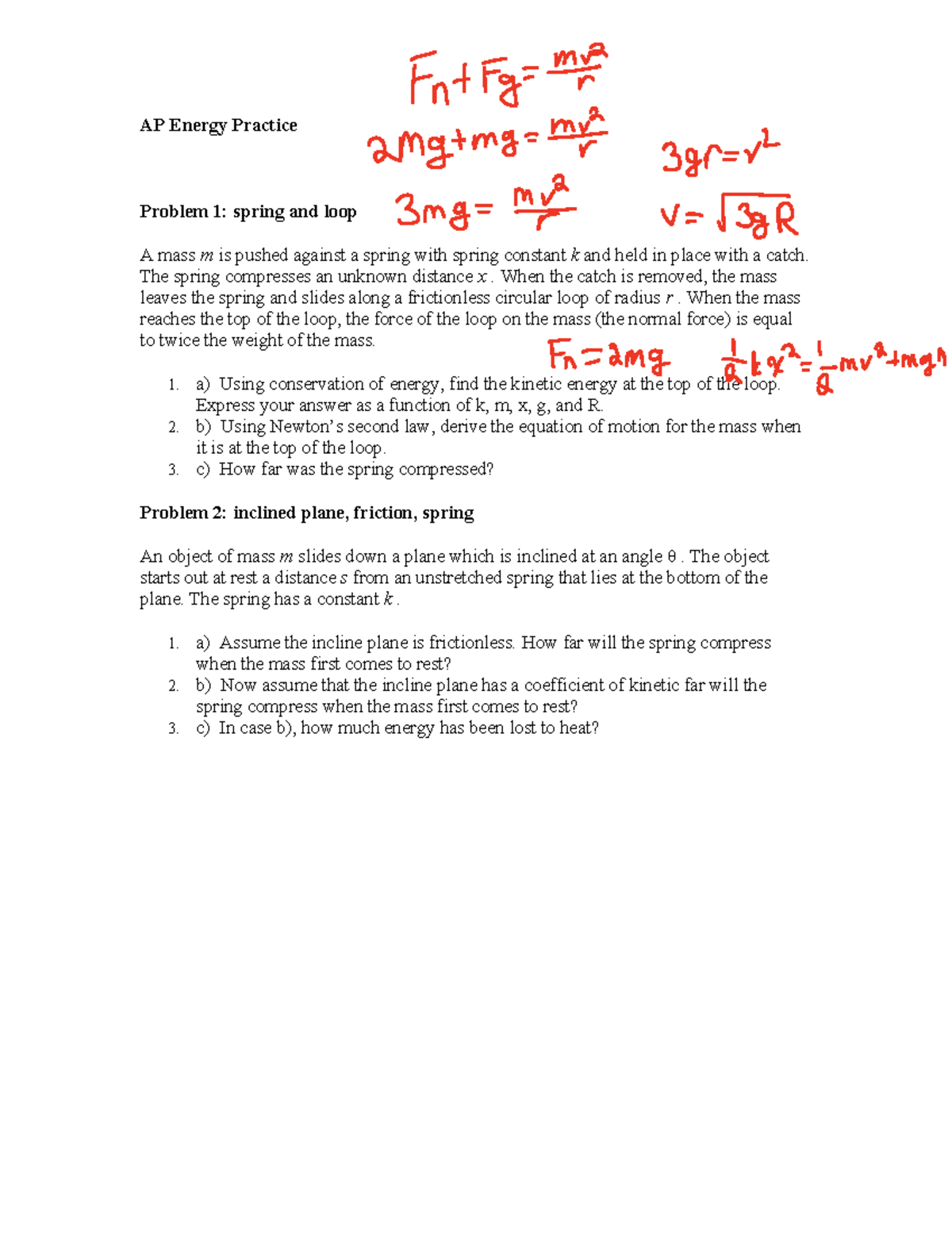 AP Energy Practice - AP Energy Practice Problem 1: spring and loop A ...