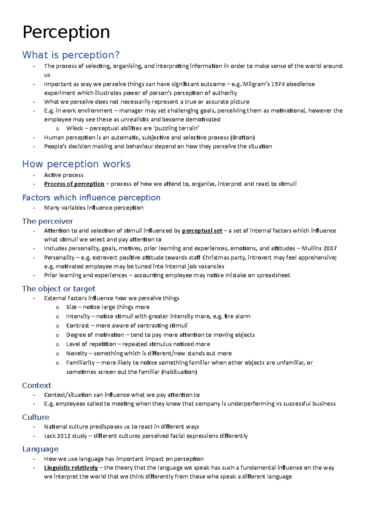 3 - Perception - Lecture notes 3 - Perception What is perception? - The ...