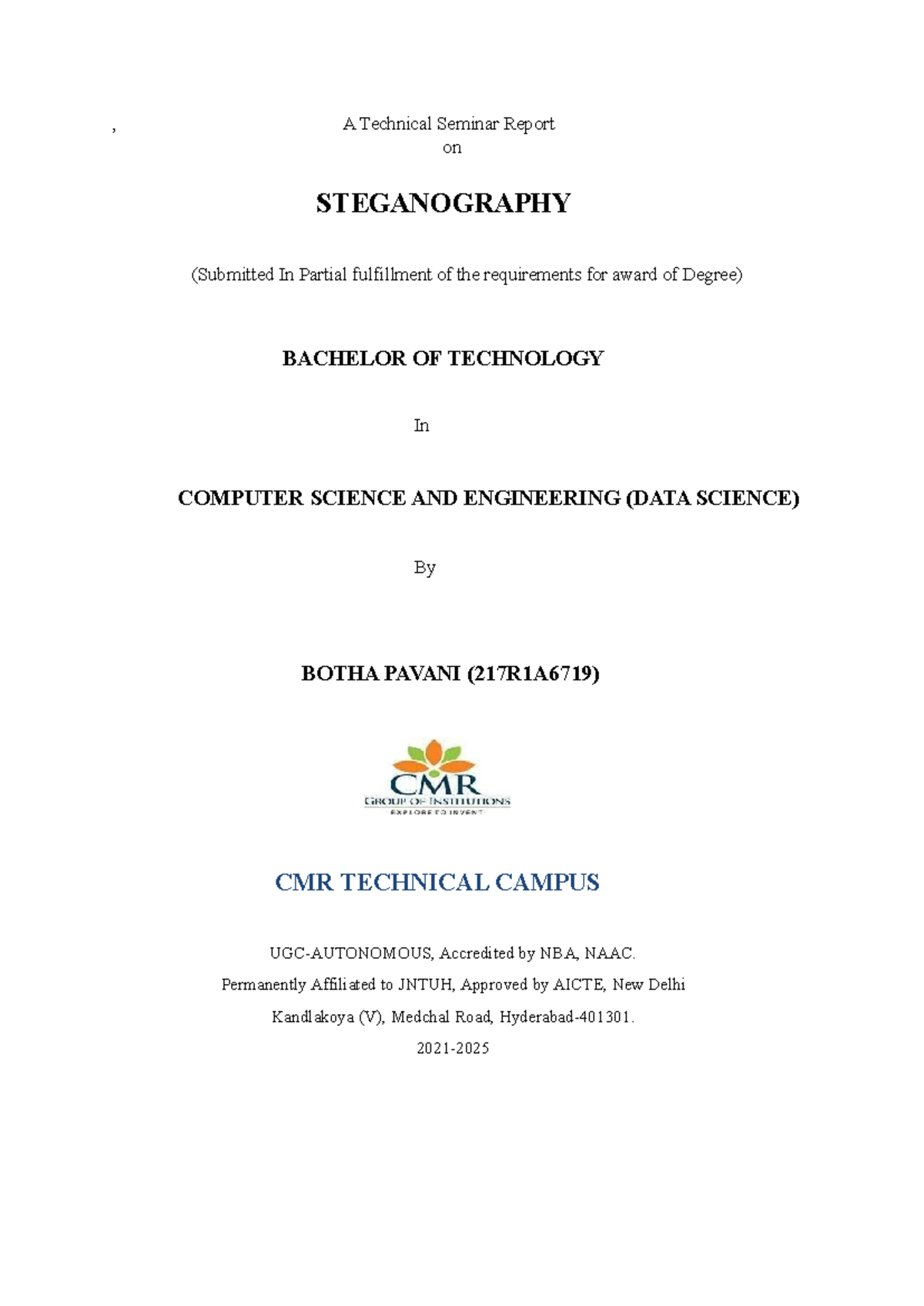 Seminar merged 1 - ####### , A Technical Seminar Report ####### on STEGANOGRAPHY ...
