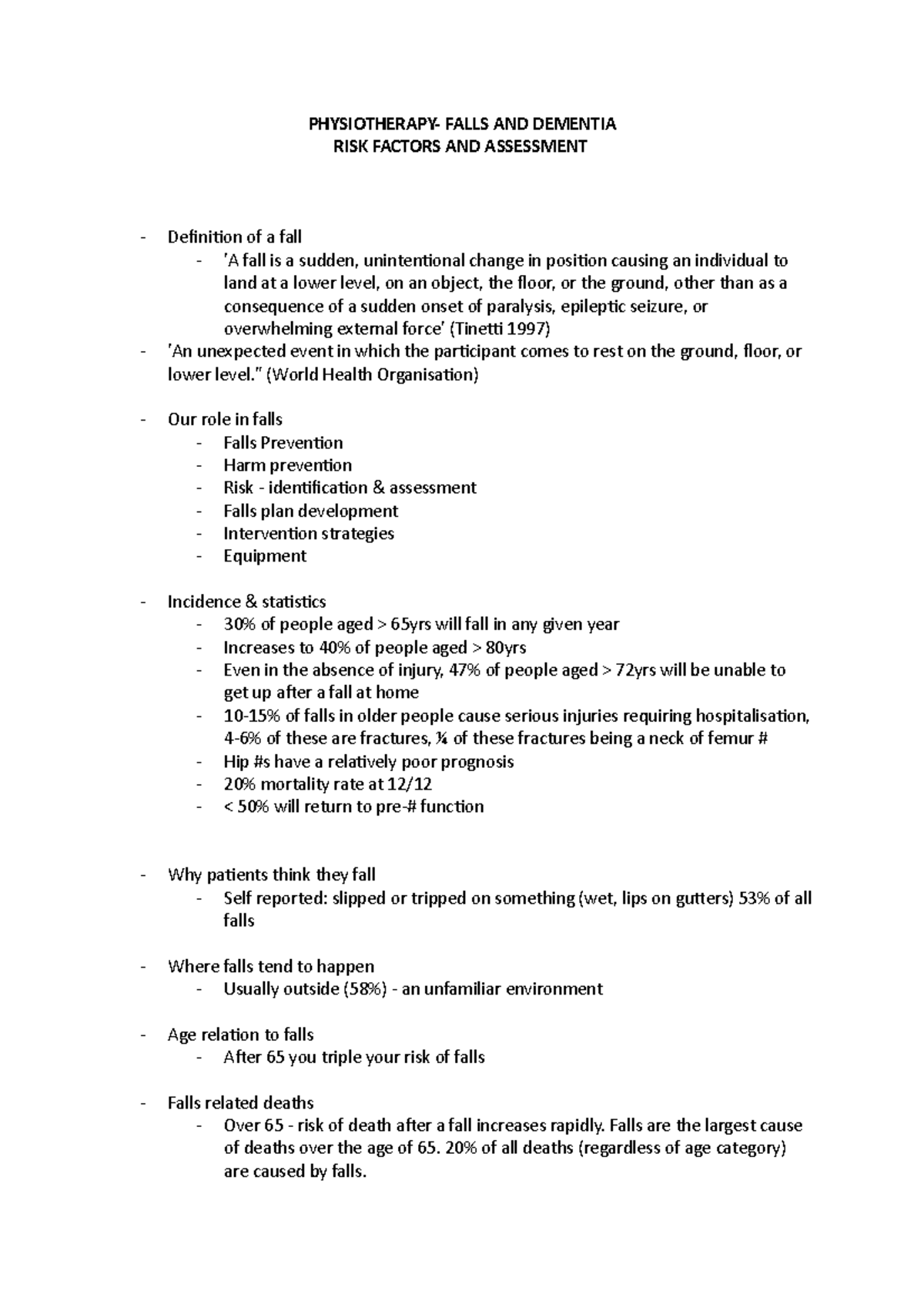 Physiotherapy- Falls AND Dementia RISK Factors AND Assessment ...