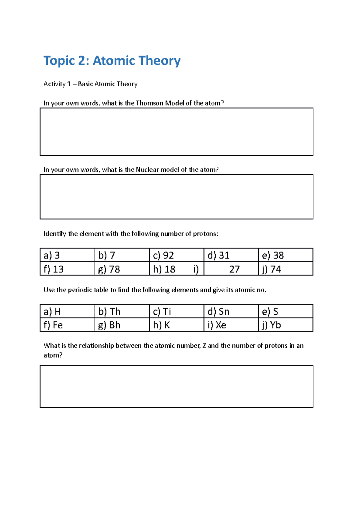 FNDH021 Chemistry Workbook Week 2 - Topic 2: Atomic Theory Activity 1 ...