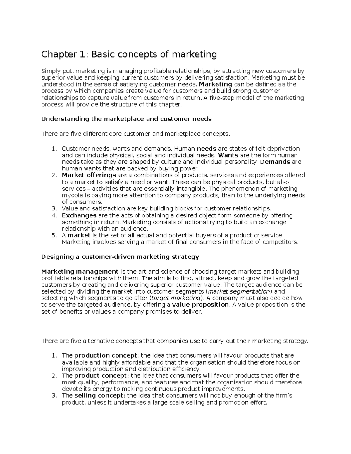 Intro to marketing - Chapter 1: Basic concepts of marketing Simply put ...