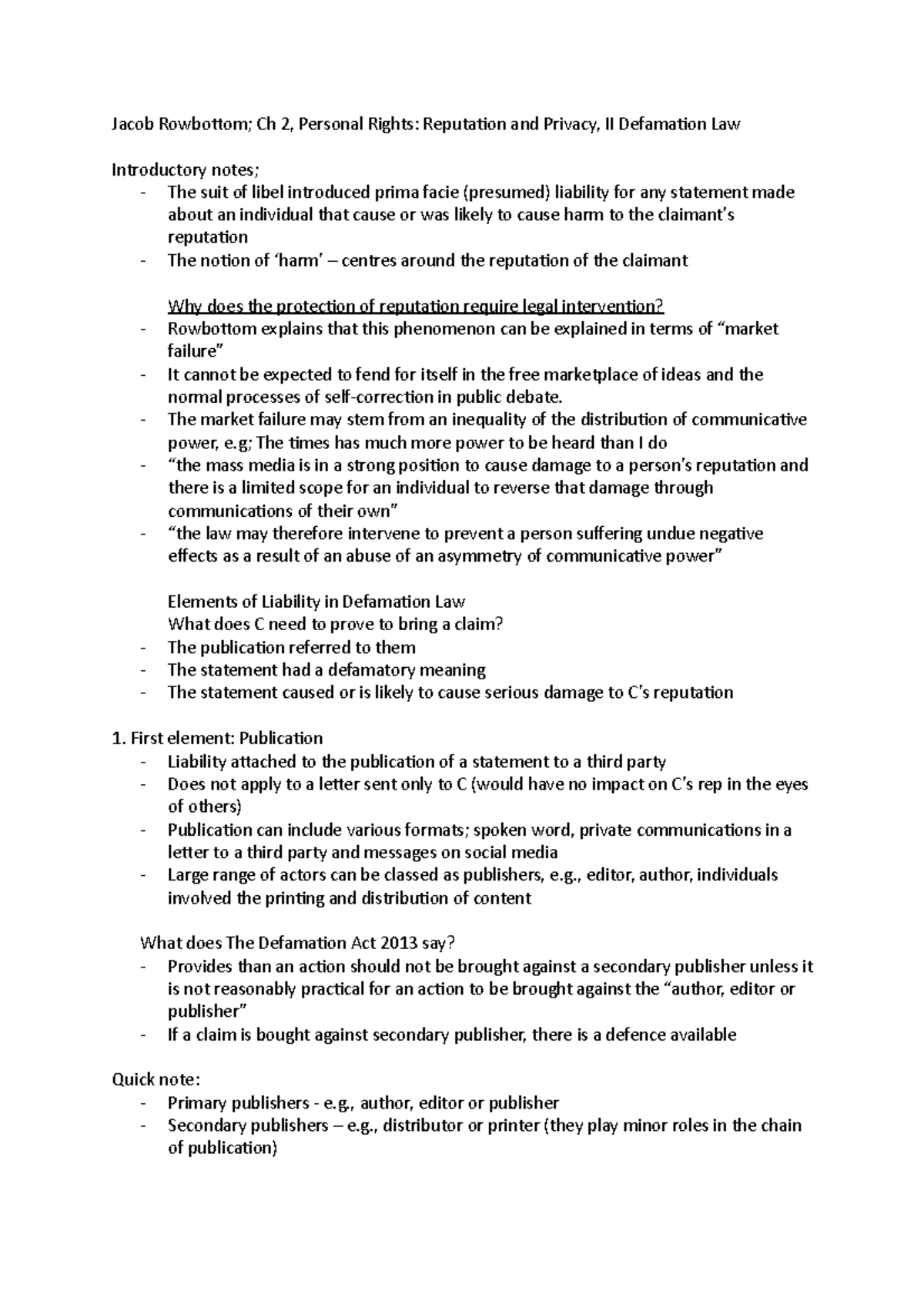 Libel, Row Bottom - Jacob Rowbottom; Ch 2, Personal Rights: Reputation ...