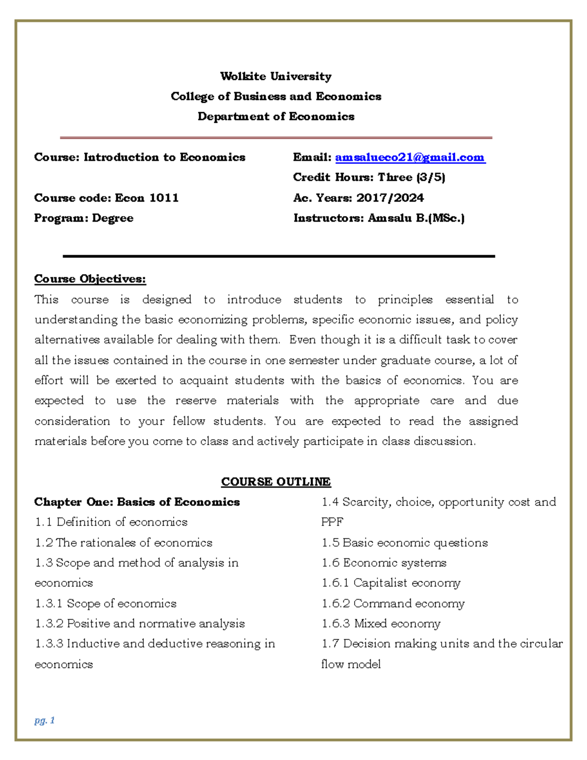 Introduction to economics course outline@WKU - pg. 1 Wolkite University ...
