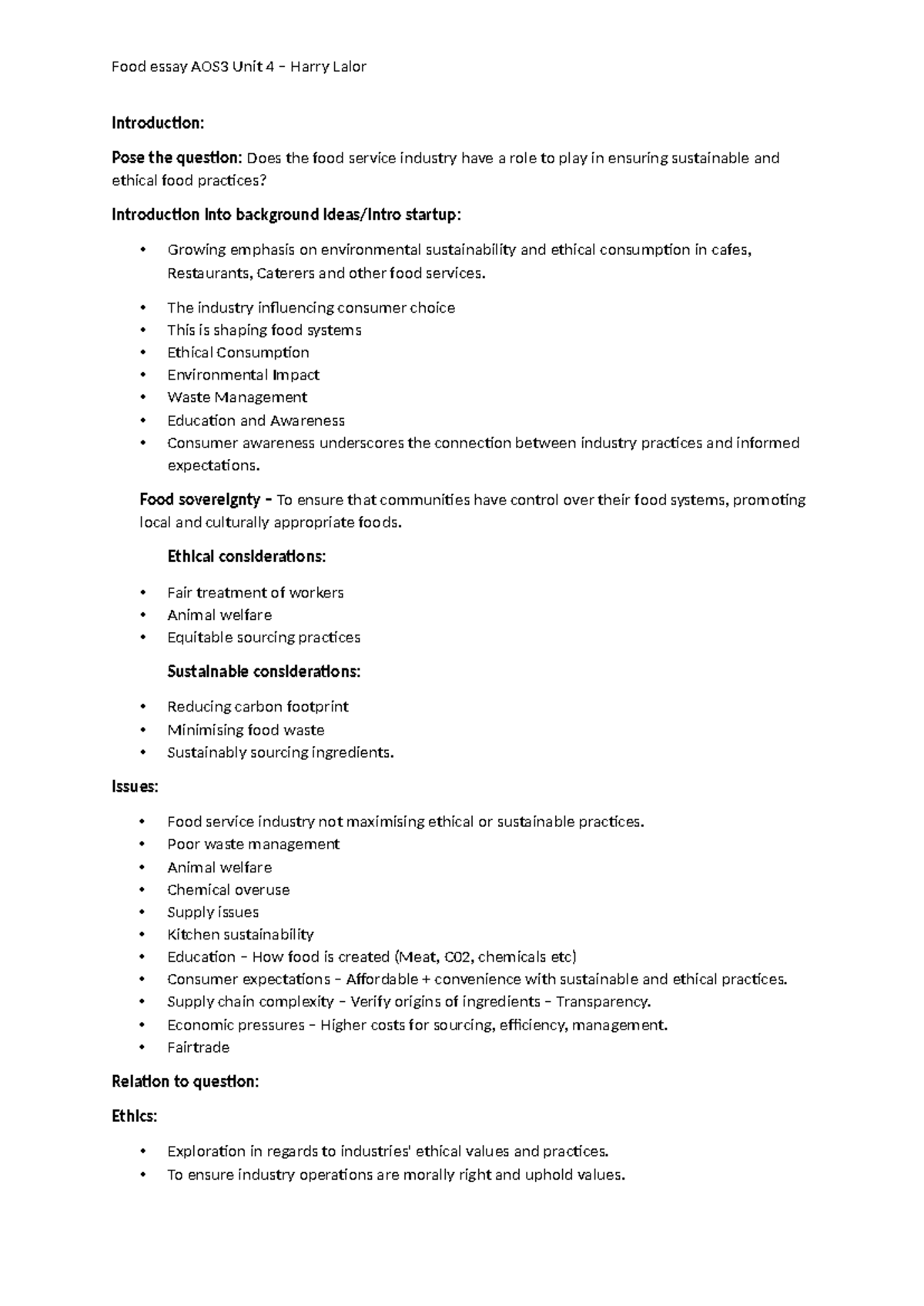 Food SAC yr 12 AOS 3 Unit 4 - Introduction: Pose the question: Does the ...