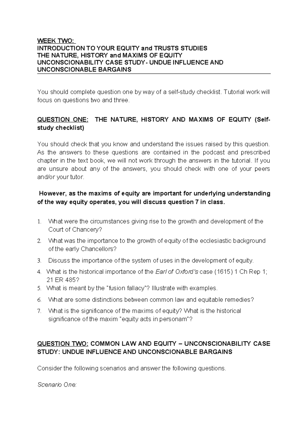 LLB205Tutorial Questions Week 2 - WEEK TWO: INTRODUCTION TO YOUR EQUITY ...