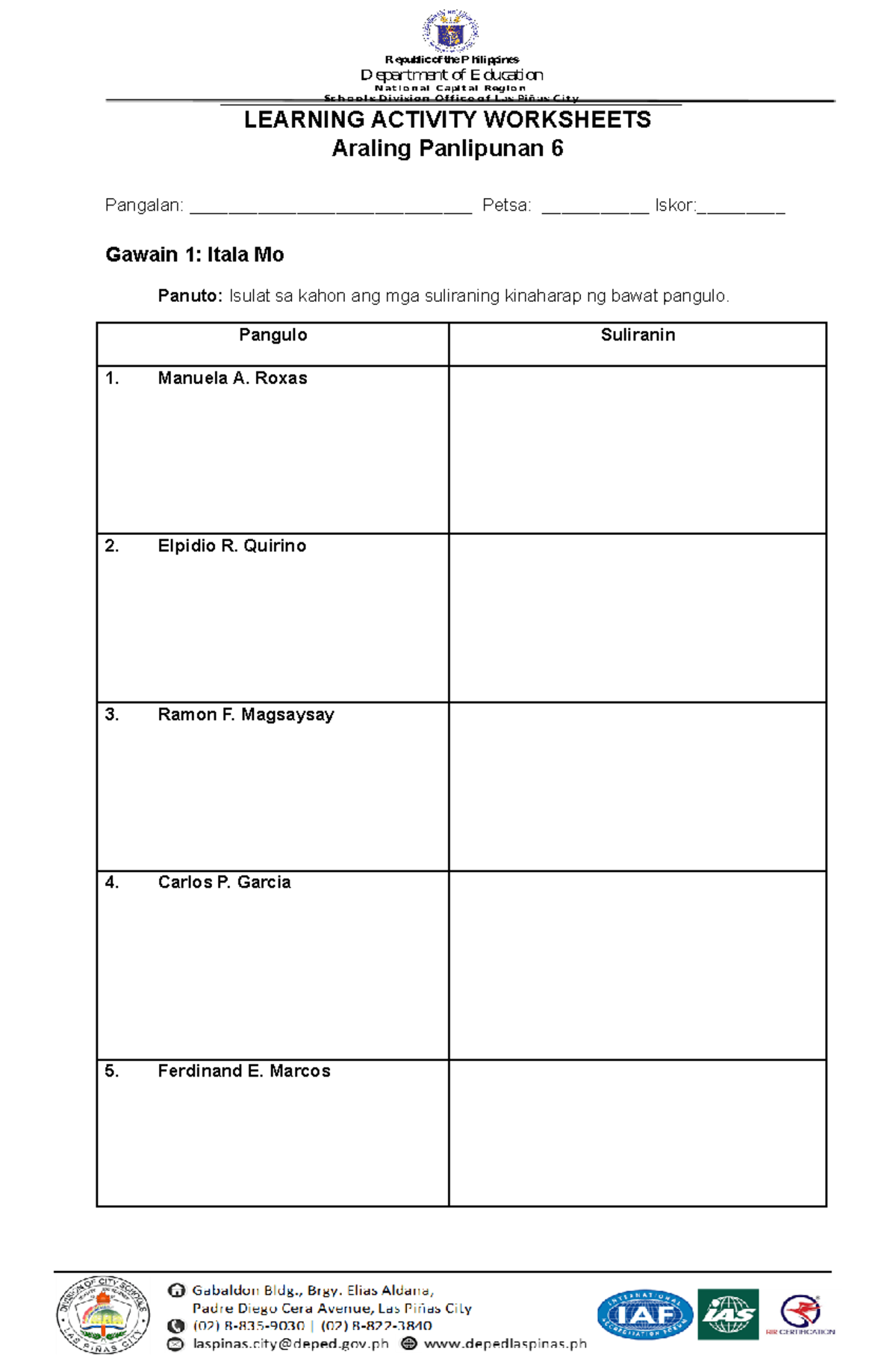 AP6 3rd Q LAW1 week 1 2 1 - HEY - LEARNING ACTIVITY WORKSHEETS Araling Panlipunan 6 Pangalan ...