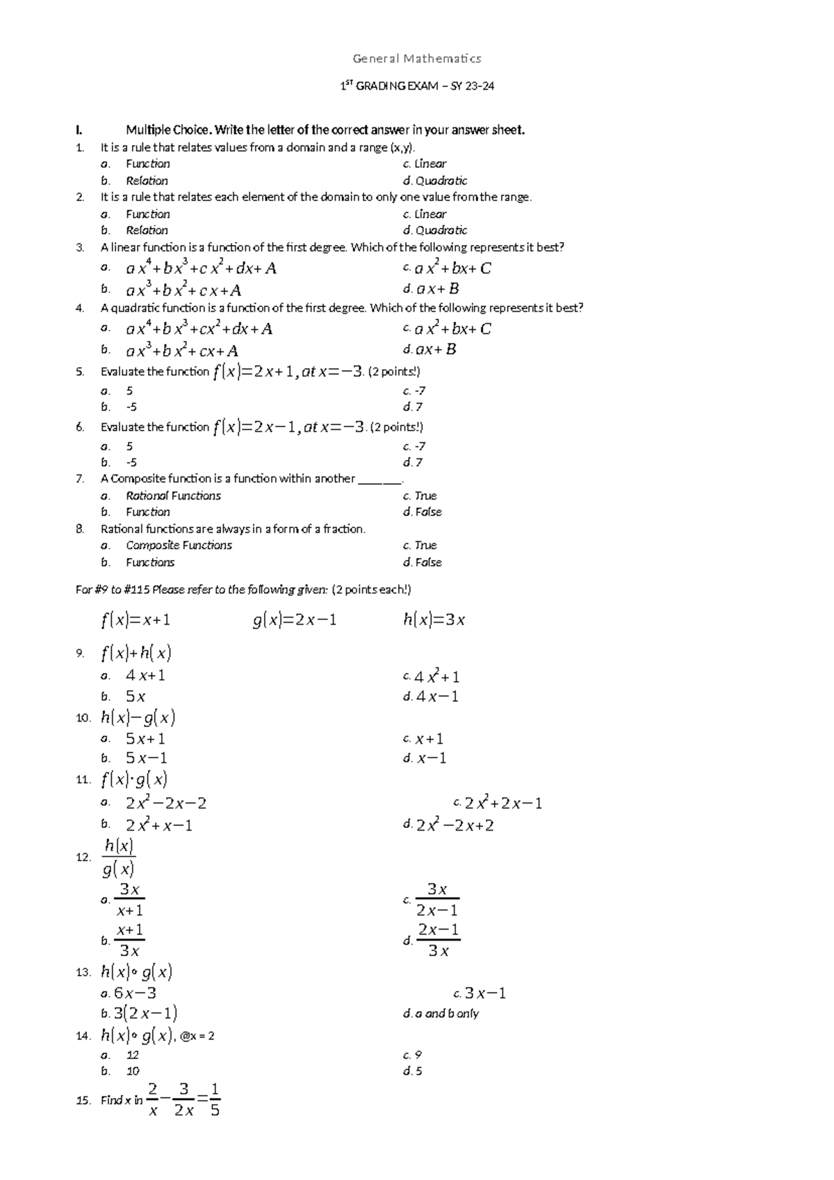 Gen Math 1Exam - General Mathemati cs 1 ST GRADING EXAM – SY 23- I ...