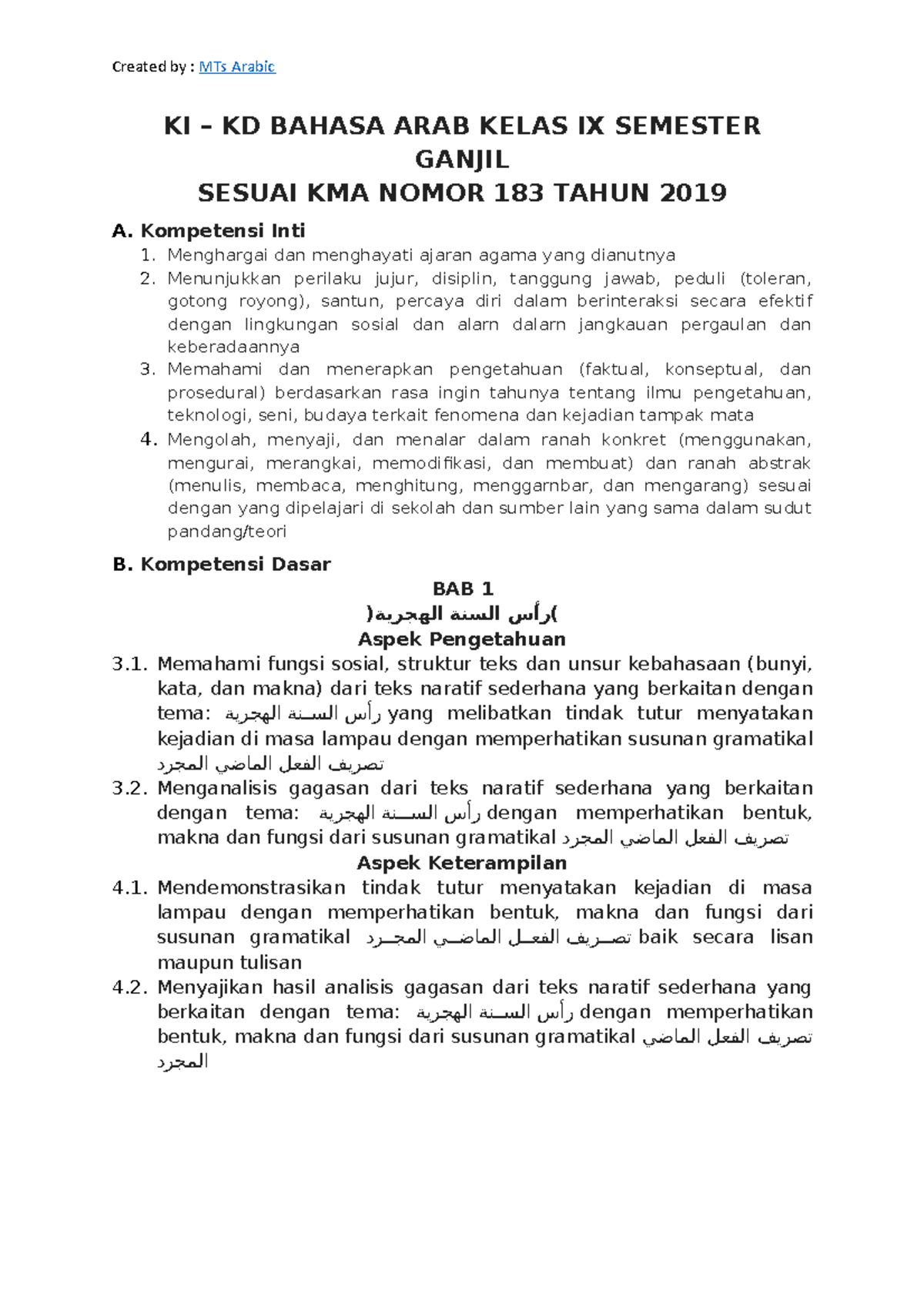 KI-KD Bahasa ARAB Kelas IX Semester Ganjil - Created by : MTs Arabic KI – KD BAHASA ARAB KELAS ...
