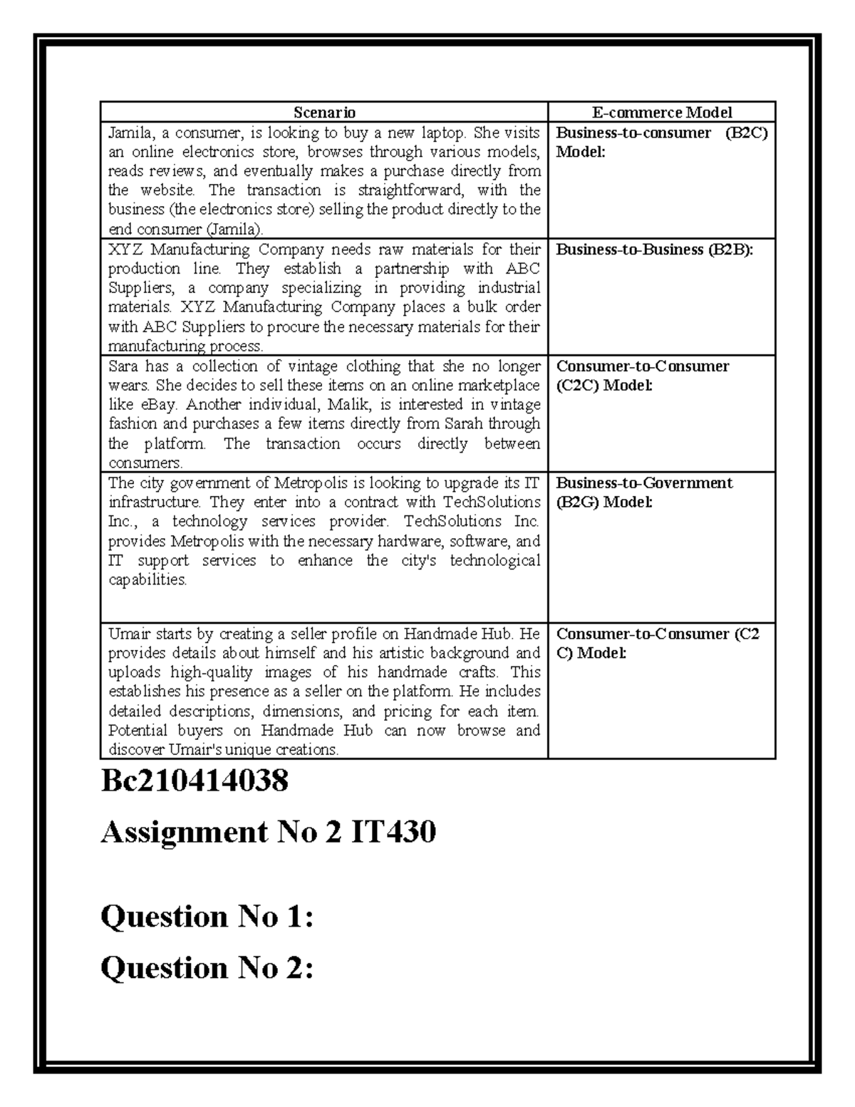 IT430 assignment - Scenario E-commerce Model Jamila, a consumer, is looking to buy a new laptop ...