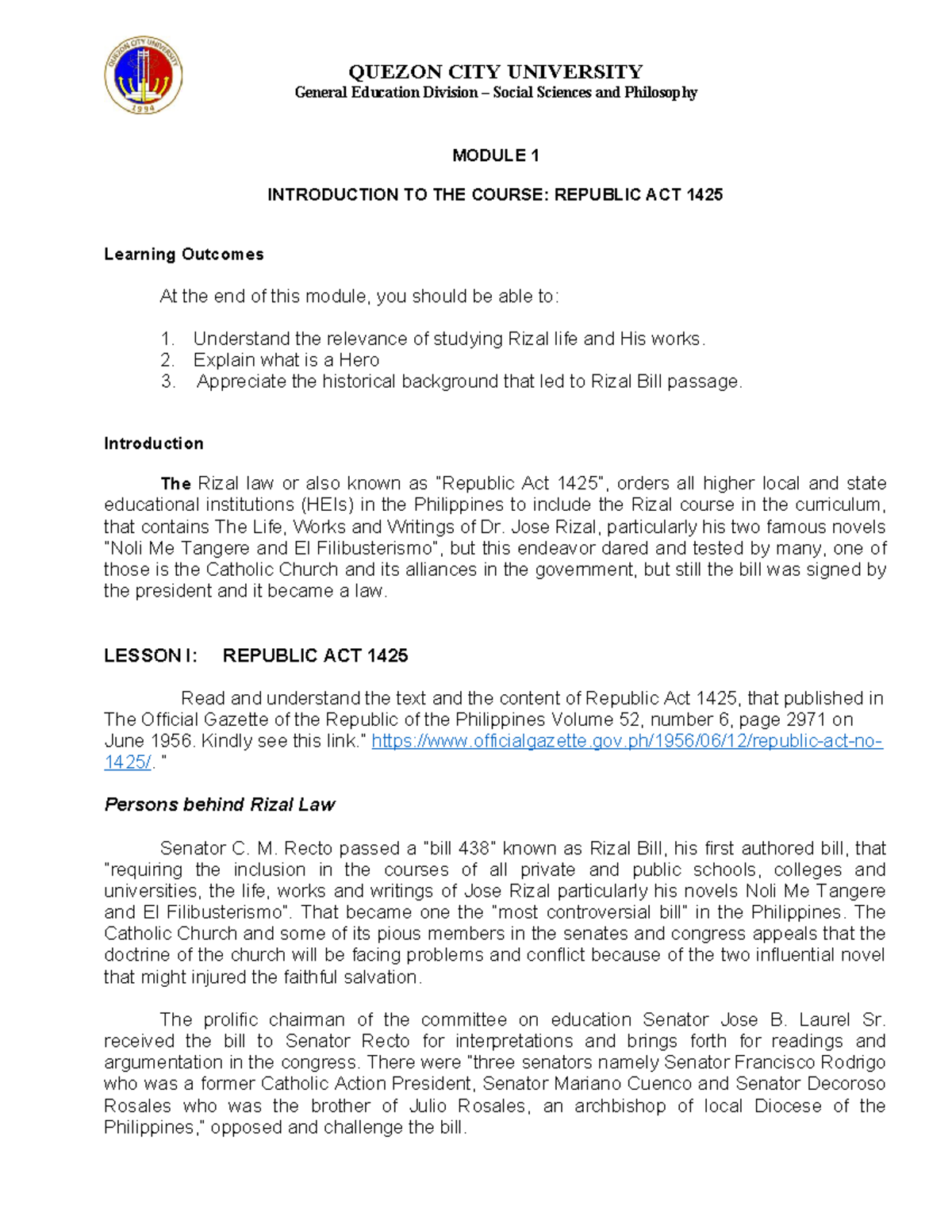Module-1- Rizal-LAW-RA-1425-for-3rd-eval - General Education Division ...