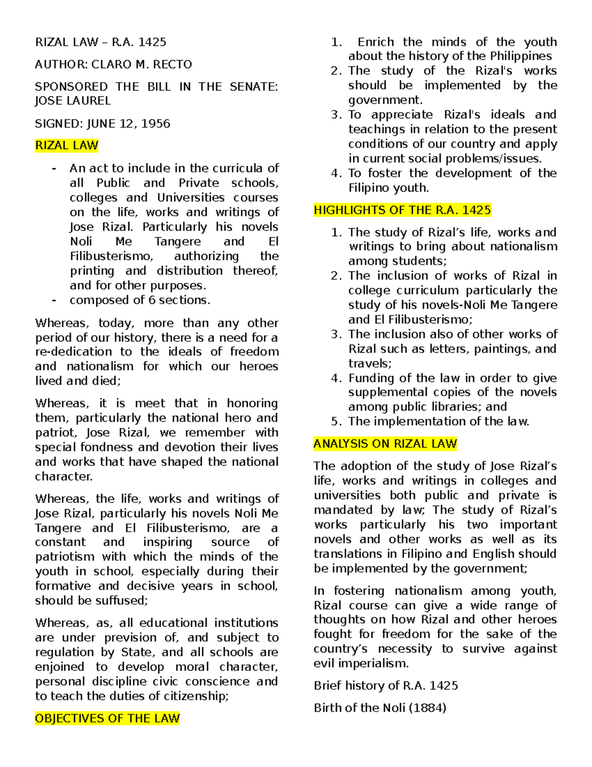 Rizal - None - RIZAL LAW – R. 1425 AUTHOR: CLARO M. RECTO SPONSORED THE ...