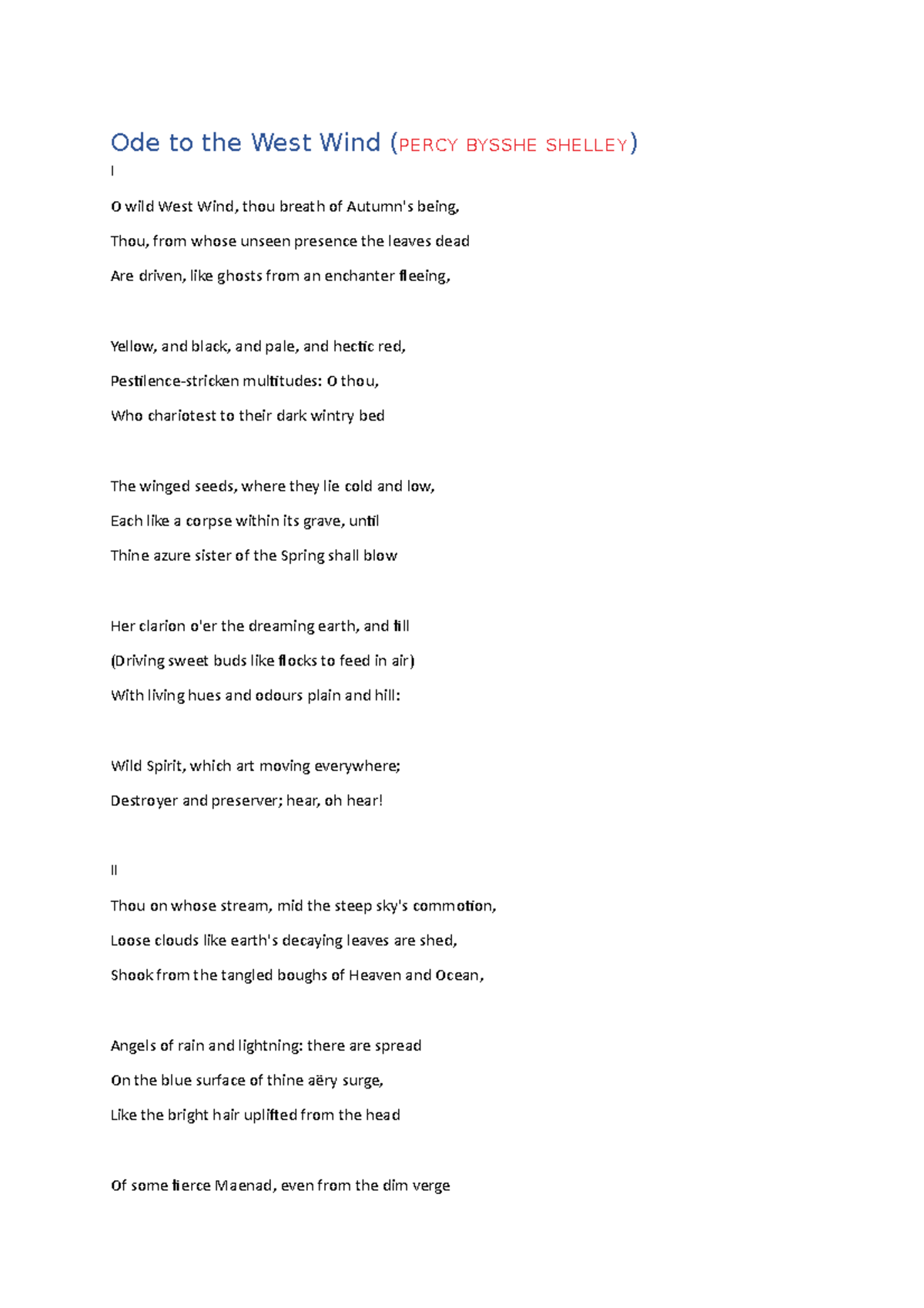 Ode to the west wind by Percy bysshe shelley - Ode to the West Wind (I ...