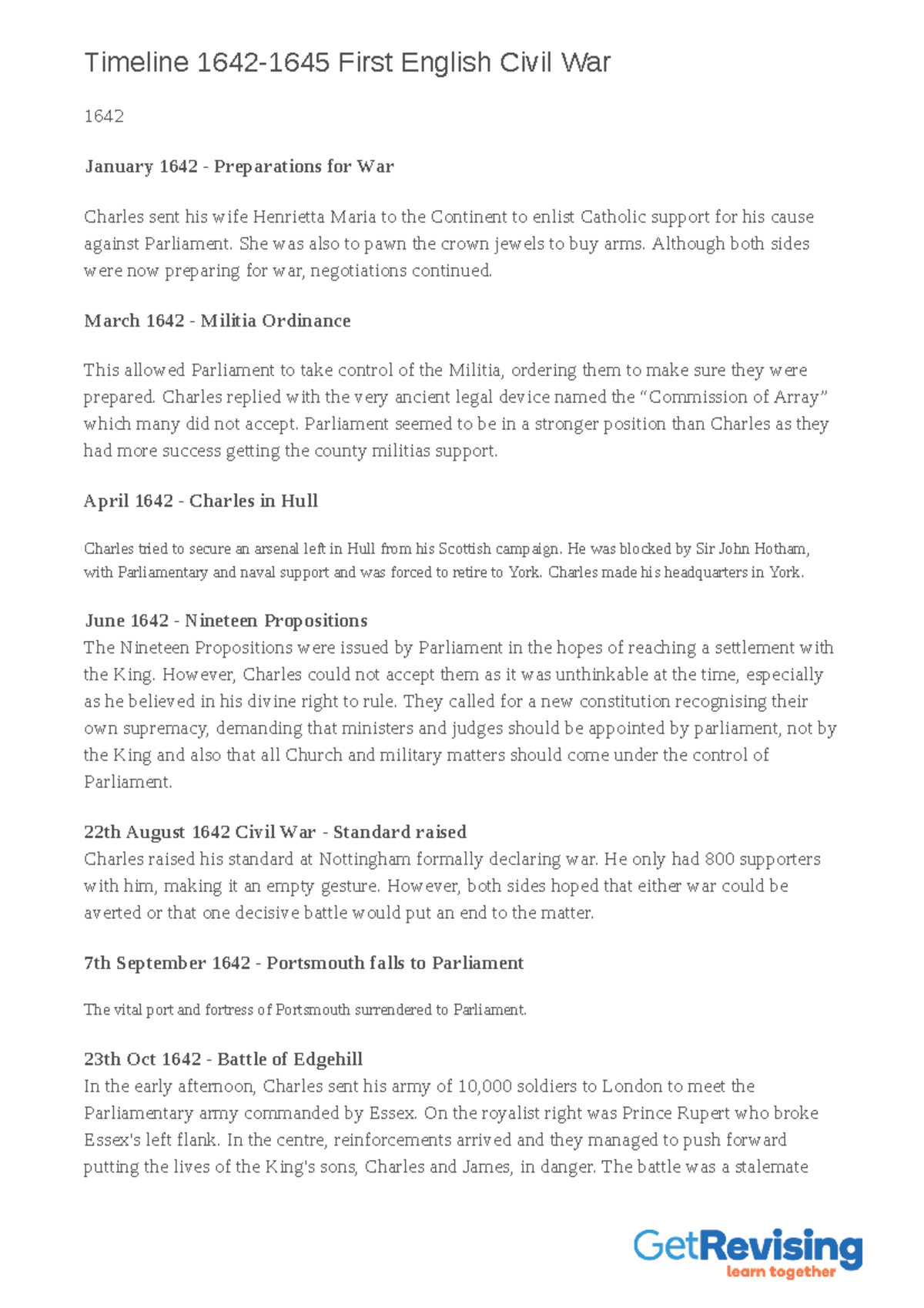 Timeline of english civil war 1642-1645 - Timeline 1642-1645 First ...