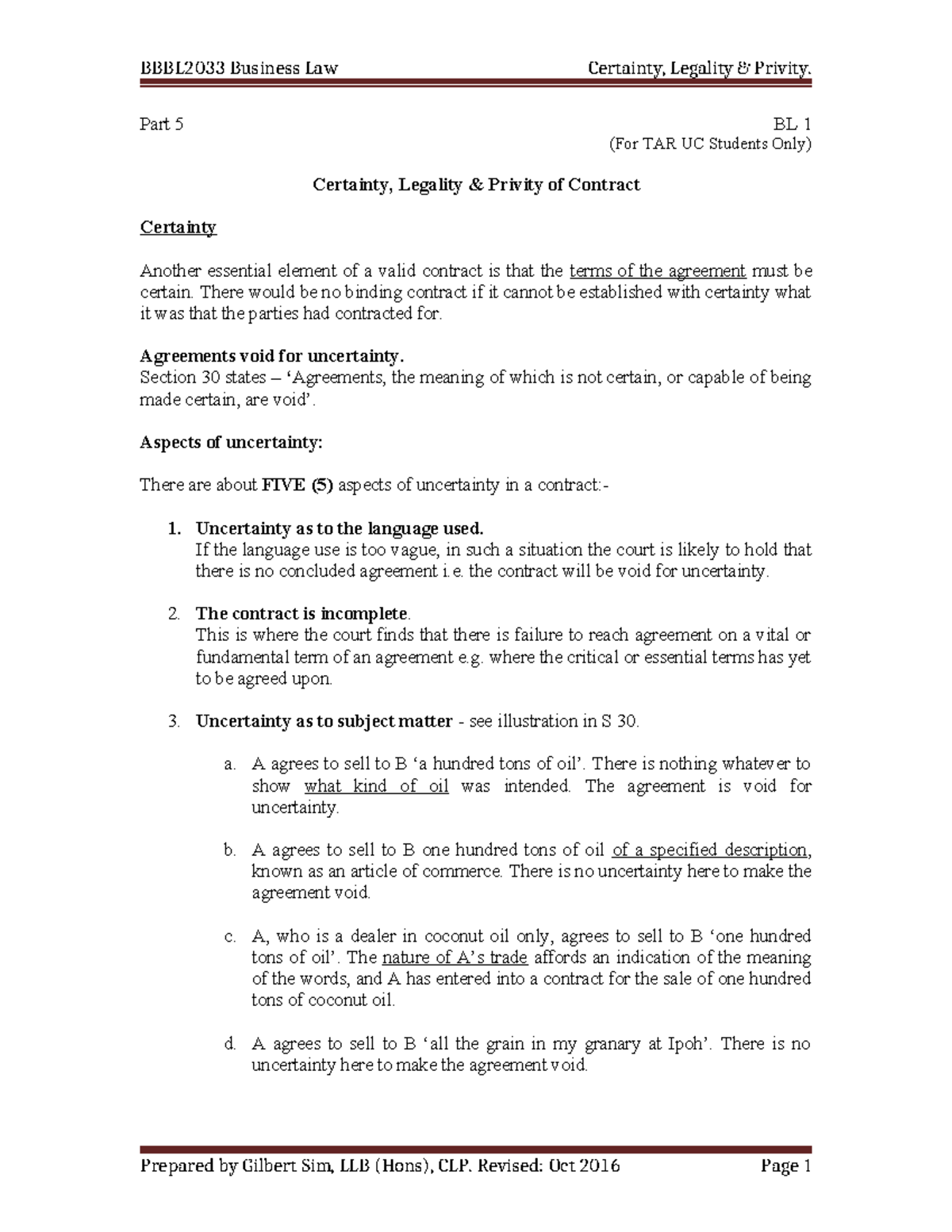 Ch 2 Part 5 Certainty, Legality & Privity BL1 - BBBL2033 Business Law ...