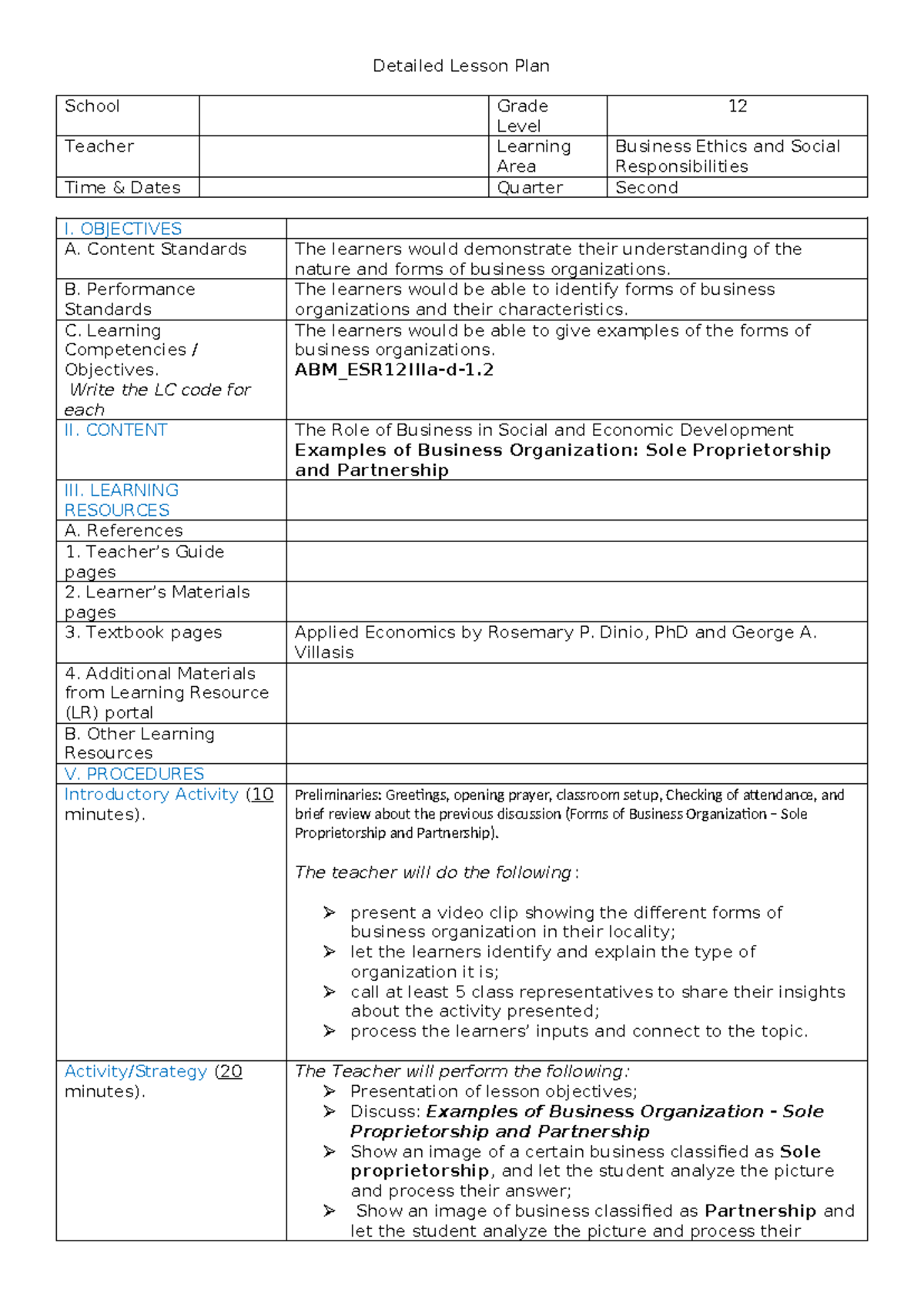 DLP.Business Ethics Chapter 1 LC 1 - Detailed Lesson Plan School Grade ...