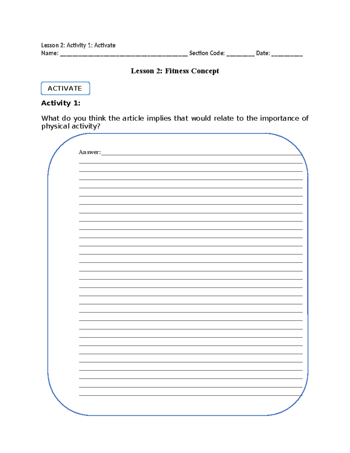 Lesson 2 Fitness Concept (Activate) - Lesson 2: Activity 1: Activate ...