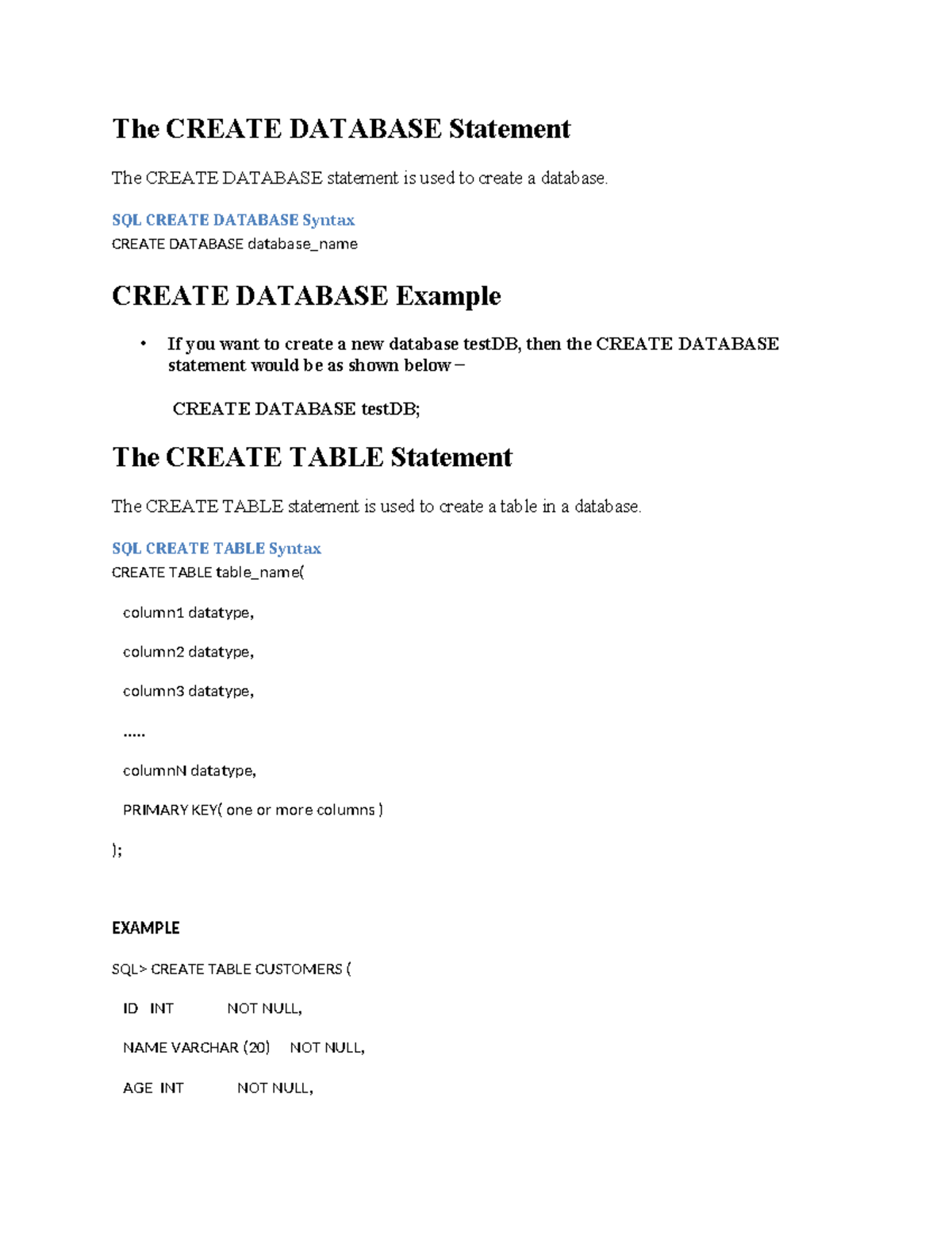 Sql Statements Sql Notes The Create Database Statement The Create Database Statement Is Used