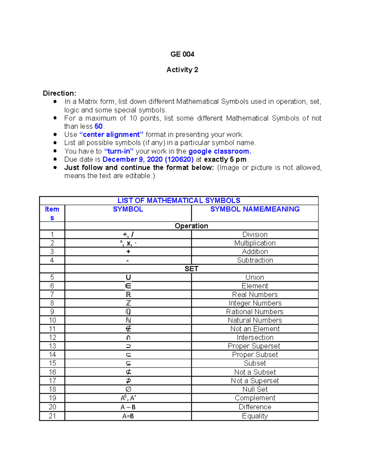 List of Mathematical Symbols - MMW - GE 004 Activity 2 Direction: In a ...