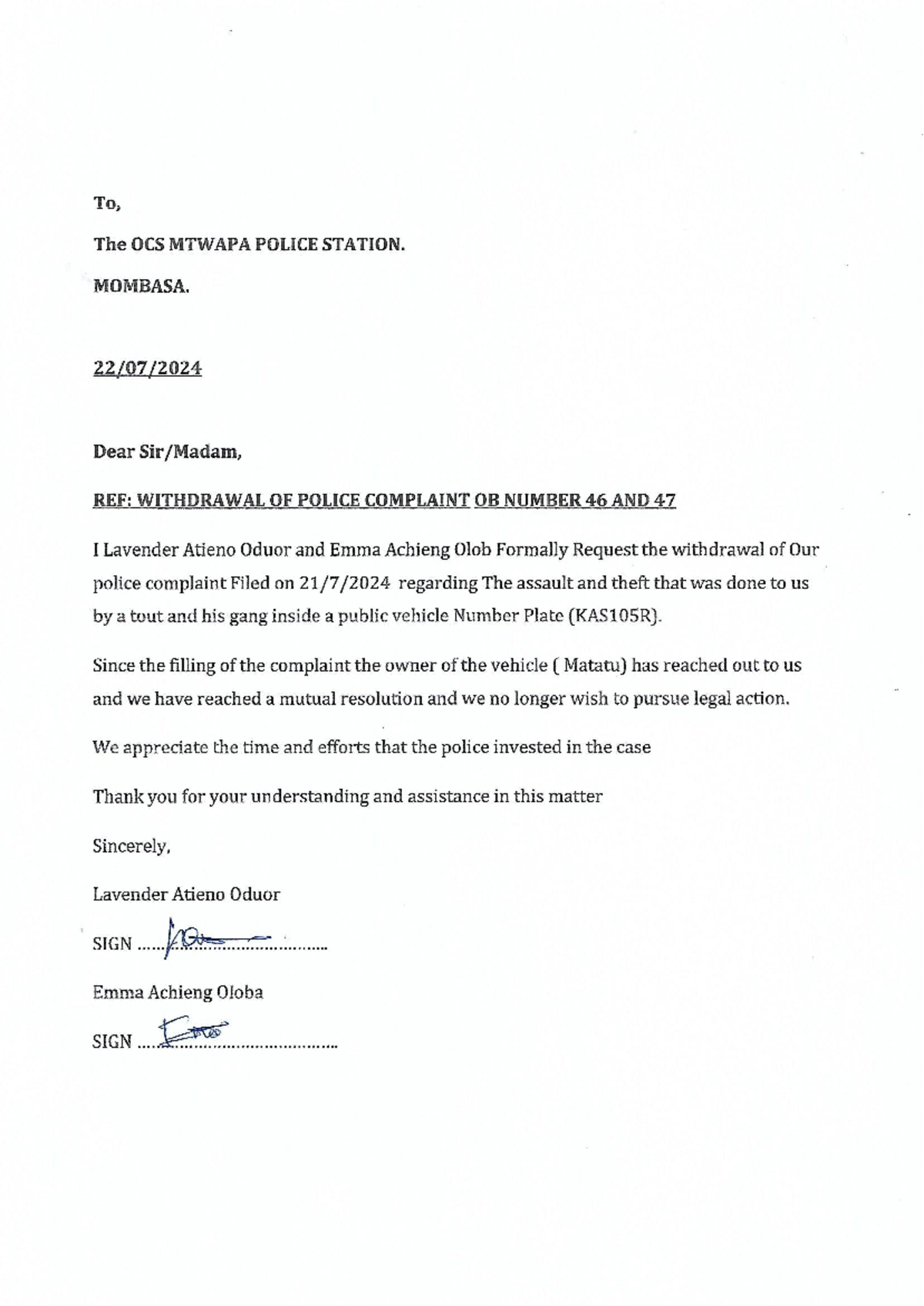 Letter - IILI - To, The OCS MTWAPA POLICE STATION. MOMBASA. Dear REF ...
