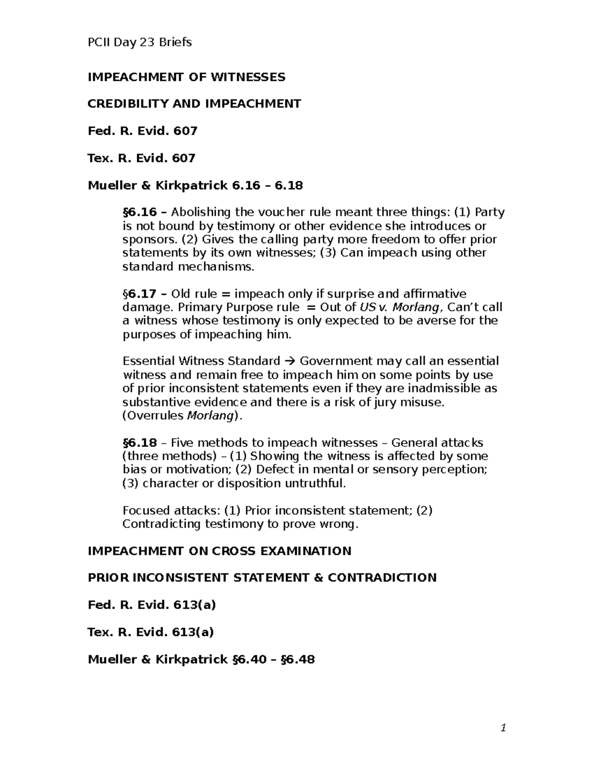 PCII Day 23 Briefs - outline - IMPEACHMENT OF WITNESSES CREDIBILITY AND ...