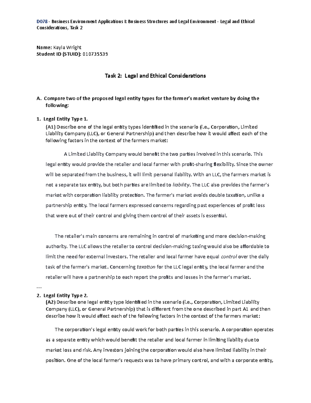 D078 - Business Environment Applications I: Business Structures and ...