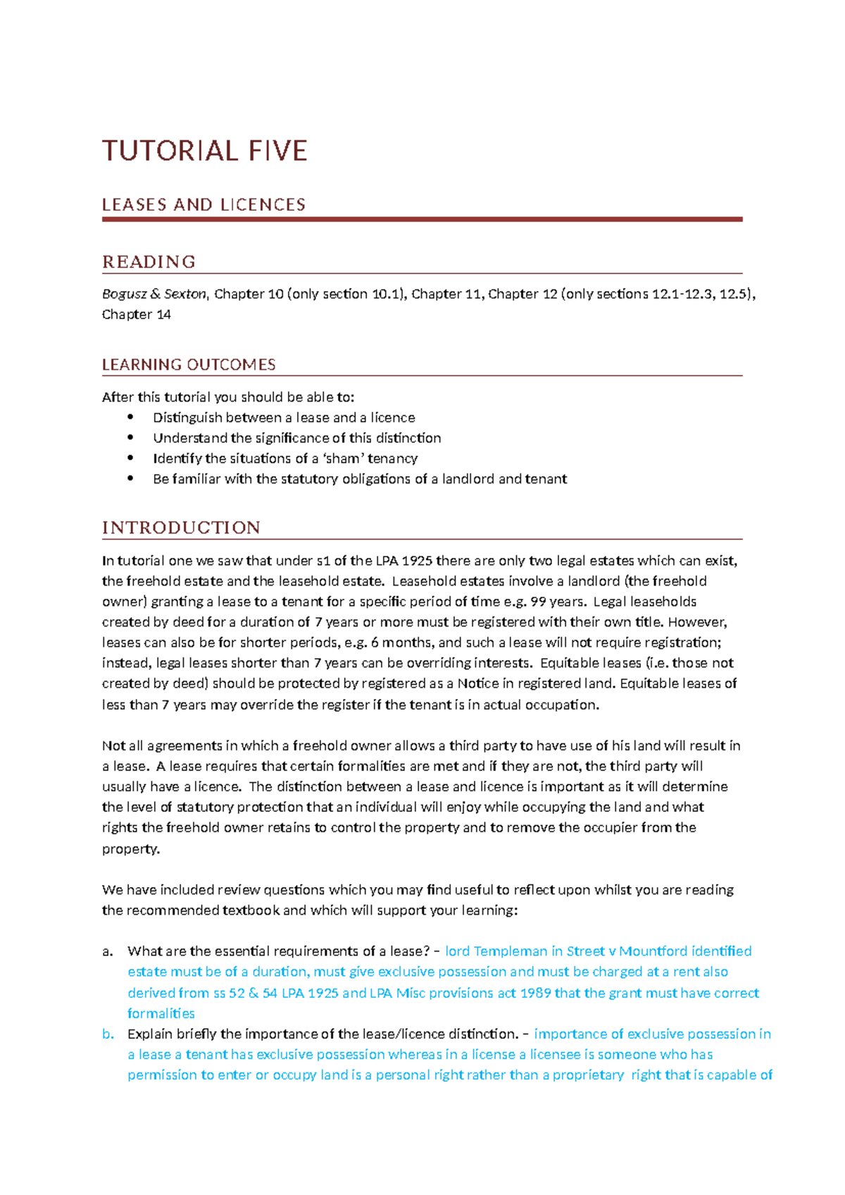 Tutorial 5 leases - TUTORIAL FIVE LEASES AND LICENCES READING Bogusz & Sexton, Chapter 10 (only ...