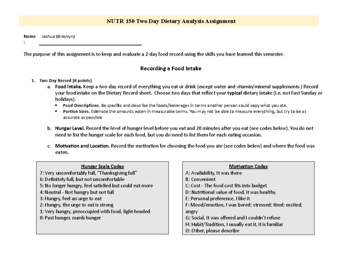 NUTR 150 Final Dietary Analysis 2-day Nutrition Calc Plus final (1 ...