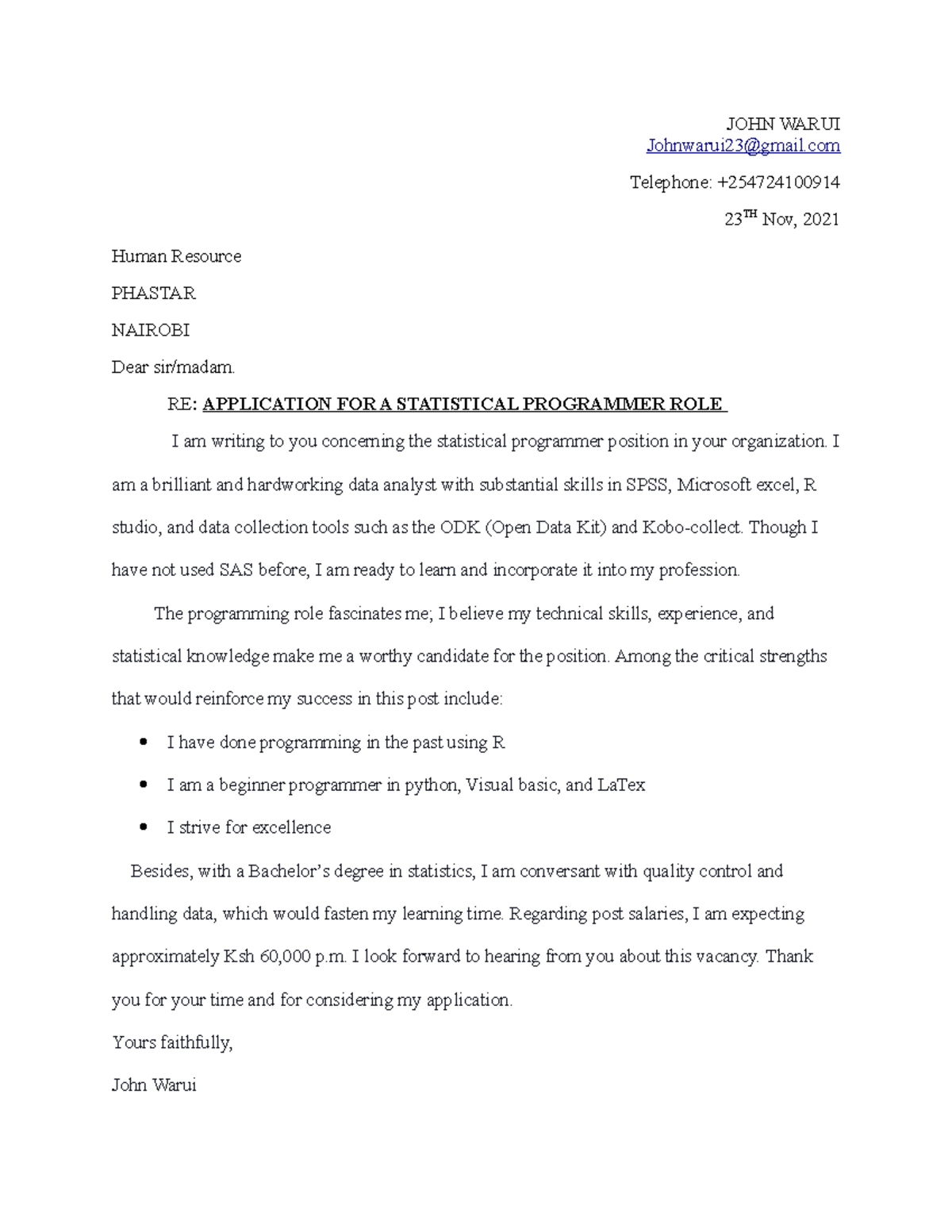 Application Phastar 2 - JOHN WARUI Johnwarui23@gmail Telephone: + 23 TH ...