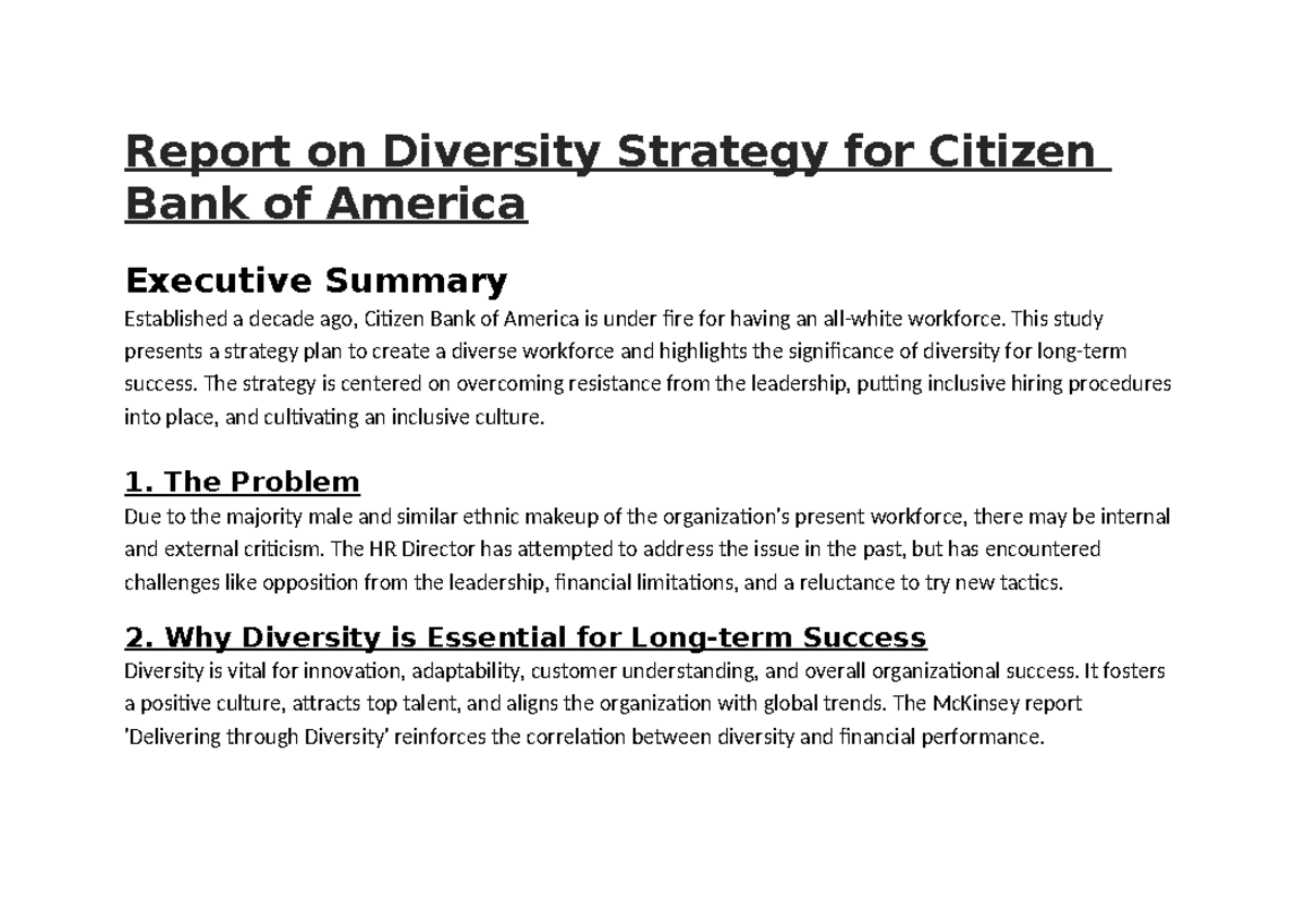 Report on Diversity Strategy for Citizen Bank of America - Report on ...