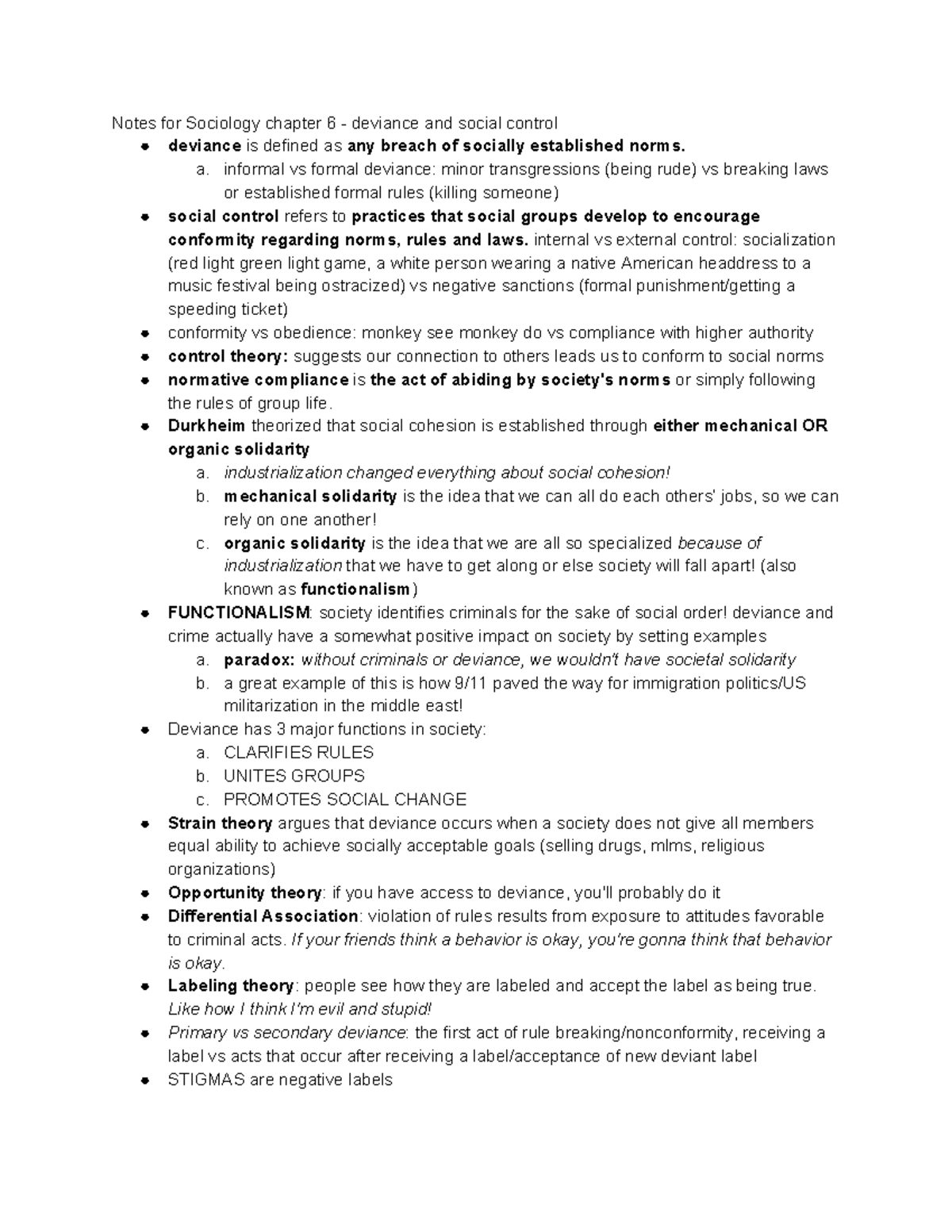 SOCY101 NOTES CHAPTER 6 - Notes for Sociology chapter 6 - deviance and ...