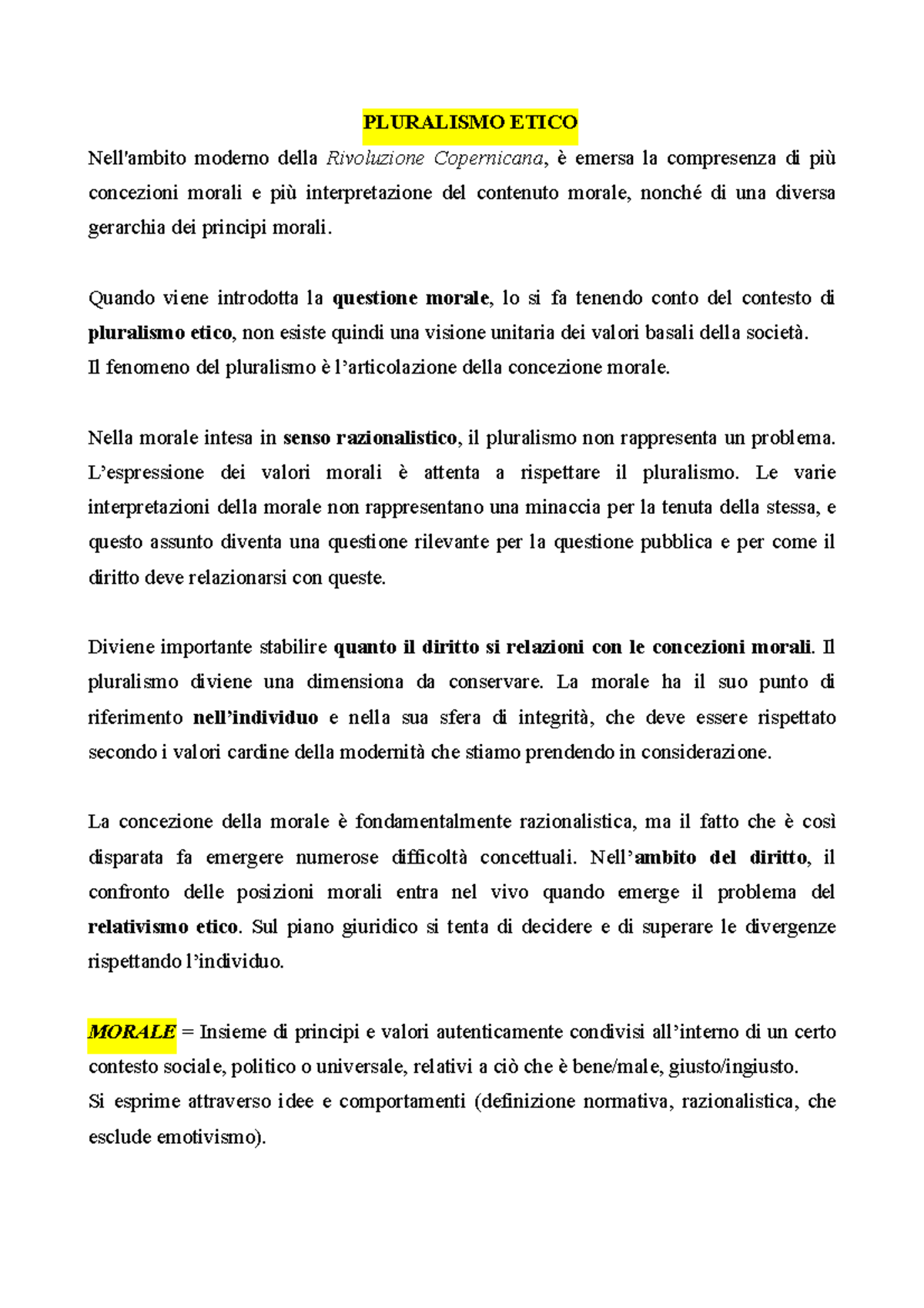 Teoria Generale del Diritto - PLURALISMO ETICO Nell'ambito moderno ...