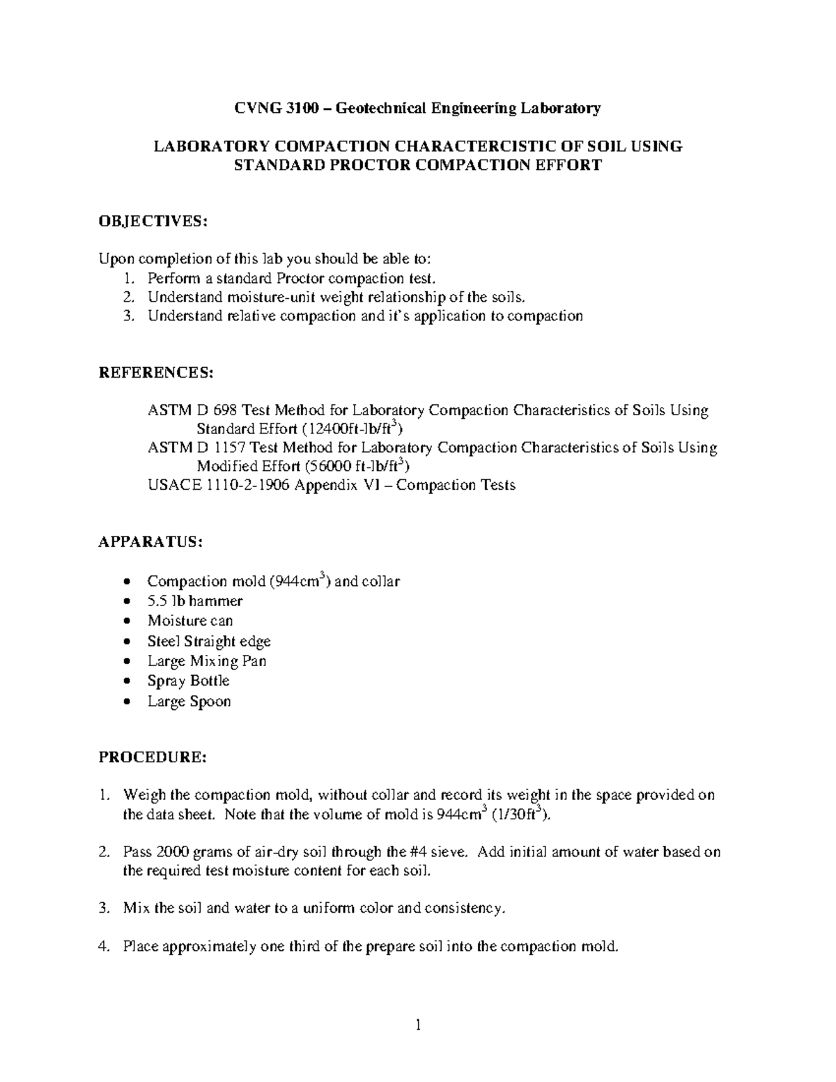 LAB 5 Proctor Compaction Test - 1 CVNG 3100 – Geotechnical Engineering ...