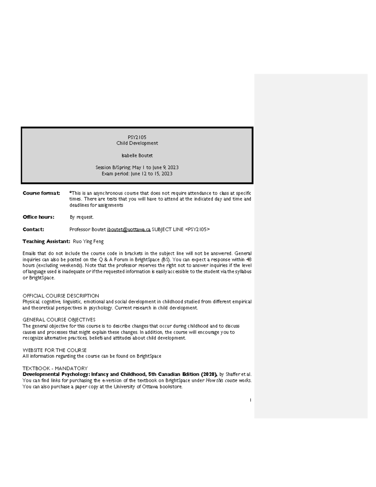 PSY2105 Syllabus Spring 2023 - PSY Child Development Isabelle Boutet ...