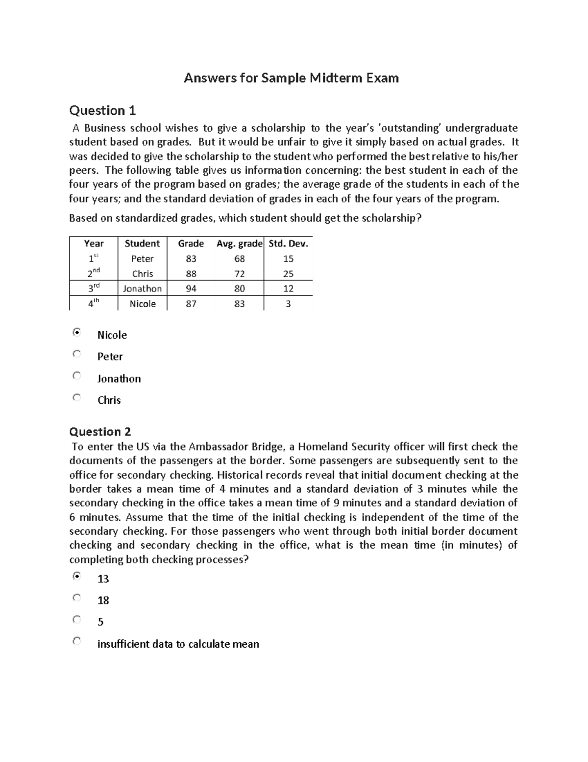 Answers for Sample midterm exam MSCI 1000 - Answers for Sample Midterm Exam Question 1 A ...