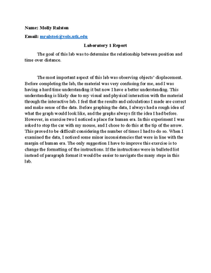 Lab 3 PHYS 221 - Laboratory 3 Report and Graphs - Name: Molly Ralston ...