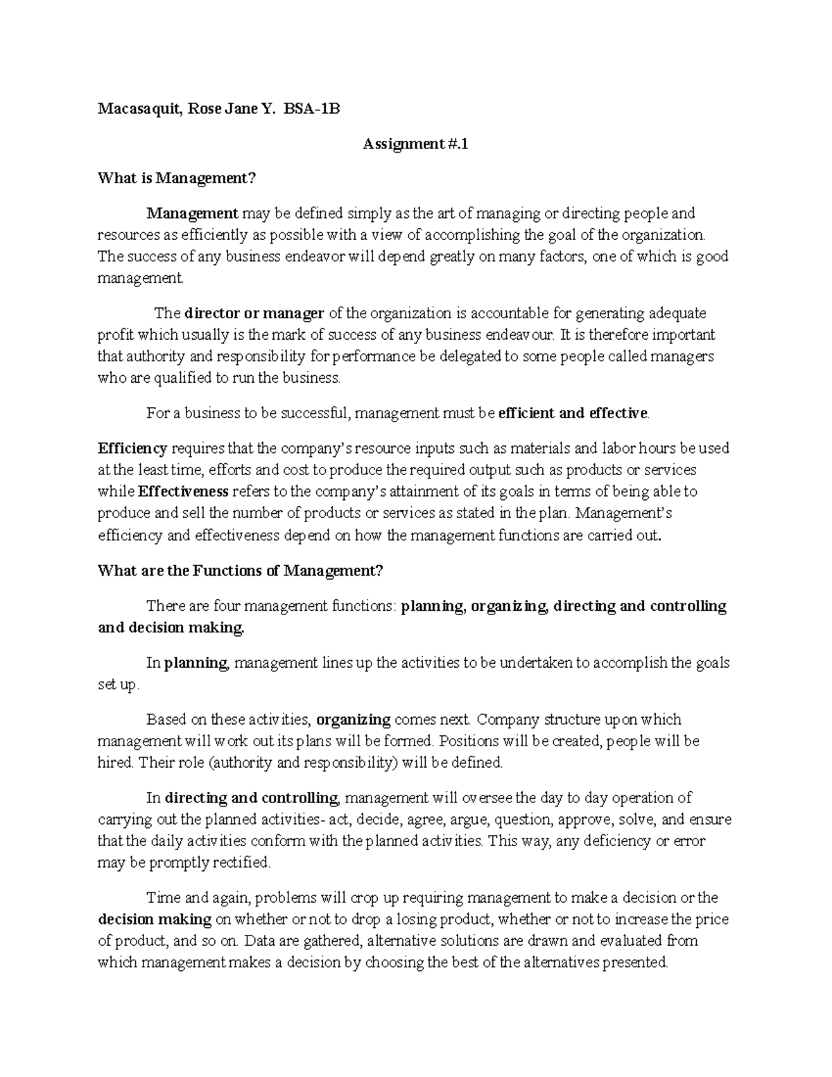 Management AND ITS Functions - Macasaquit, Rose Jane Y. BSA-1B ...