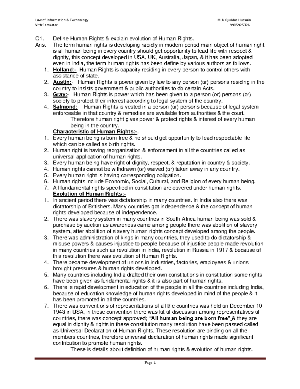 Human Rights Law - Short and long questions and answers - VIth Semester ...