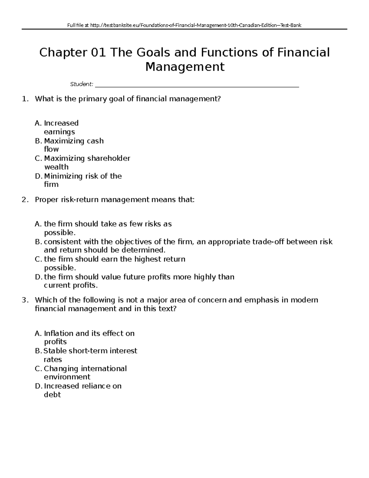 Fm test banks ch1 - Test bank - Chapter 01 The Goals and Functions of ...