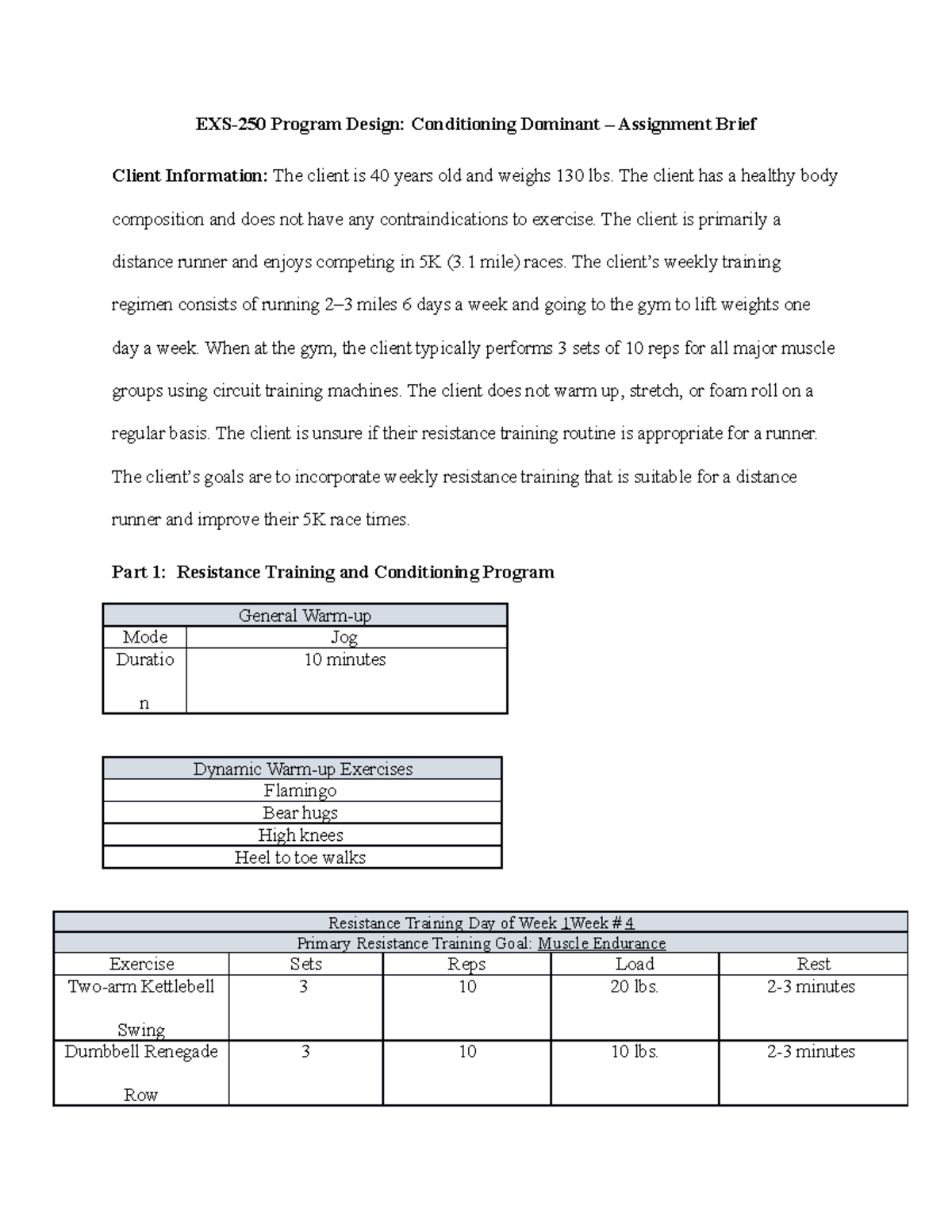 Conditioning Program - ANSWERS - EXS-250 Program Design: Conditioning ...