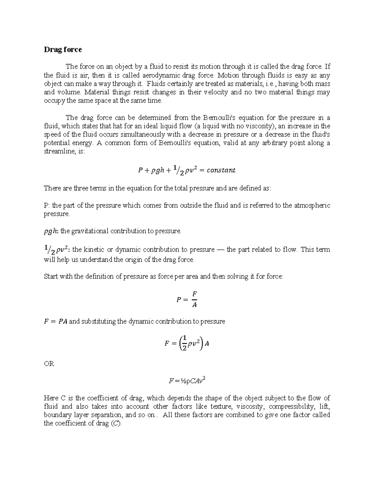 Drag-force-Handout - study - Drag force The force on an object by a ...