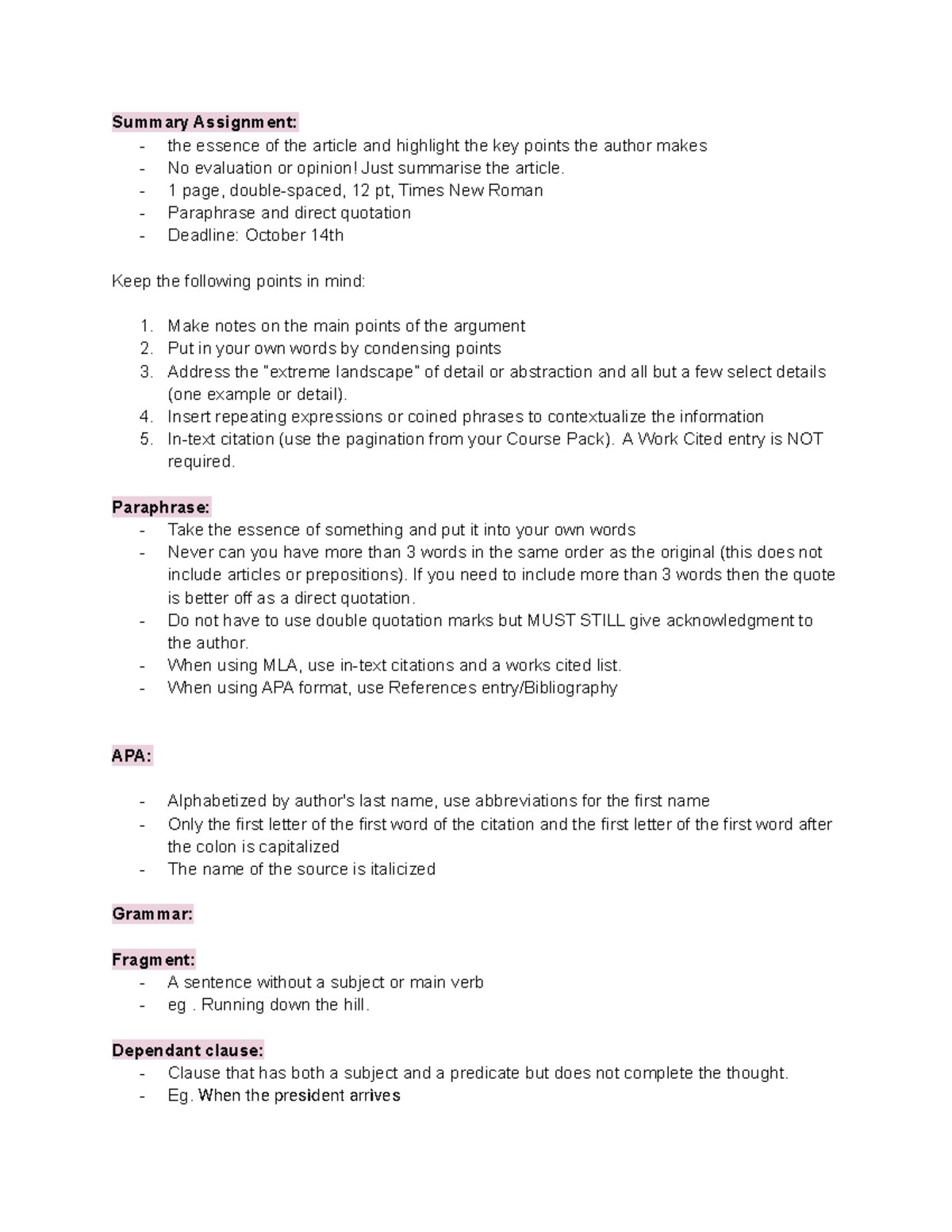 September 26 - lecture notes - Summary Assignment: - the essence of the ...