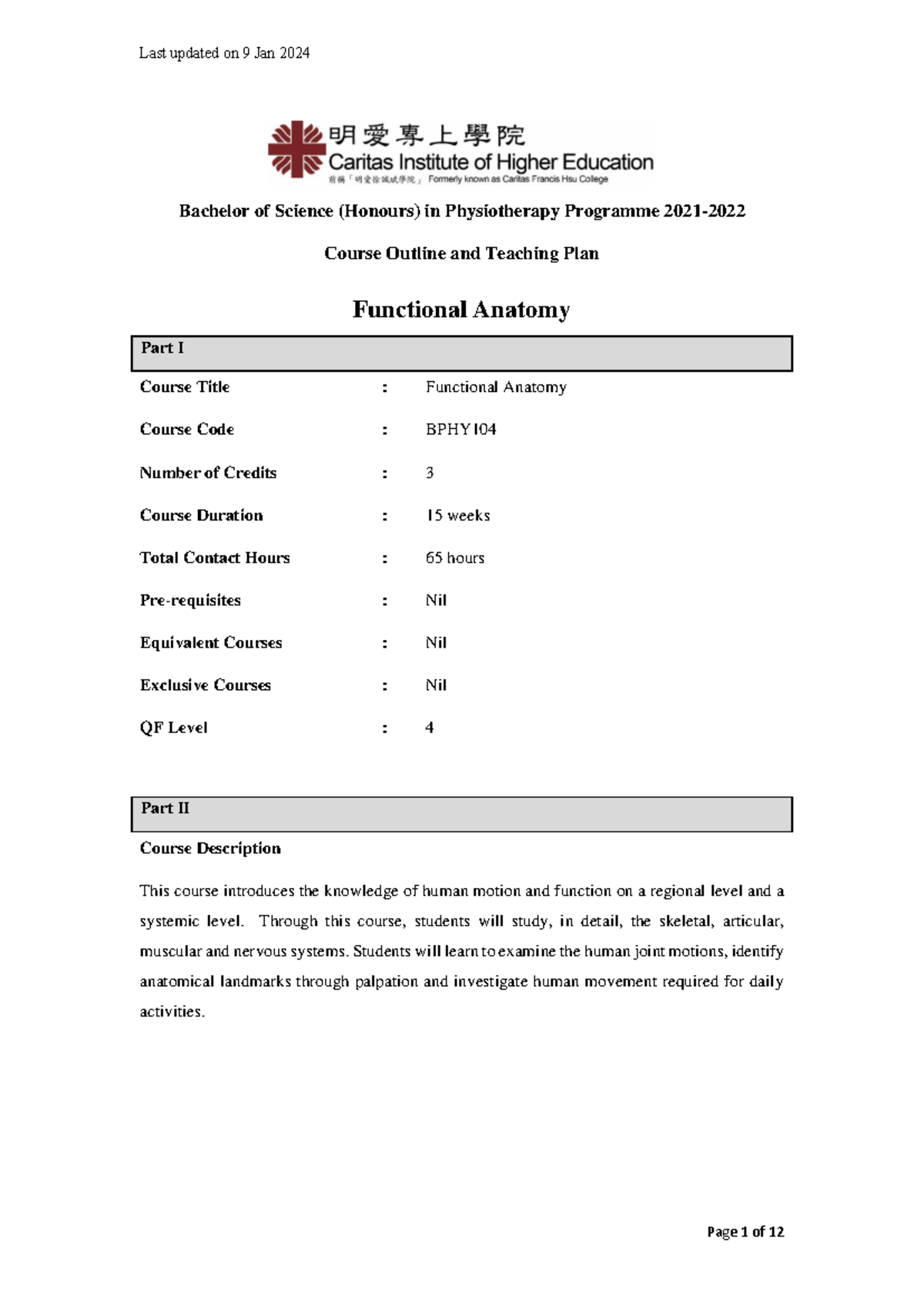 BPHY104 Functional Anatomy - Course Outline & Teaching Plan - Bachelor ...