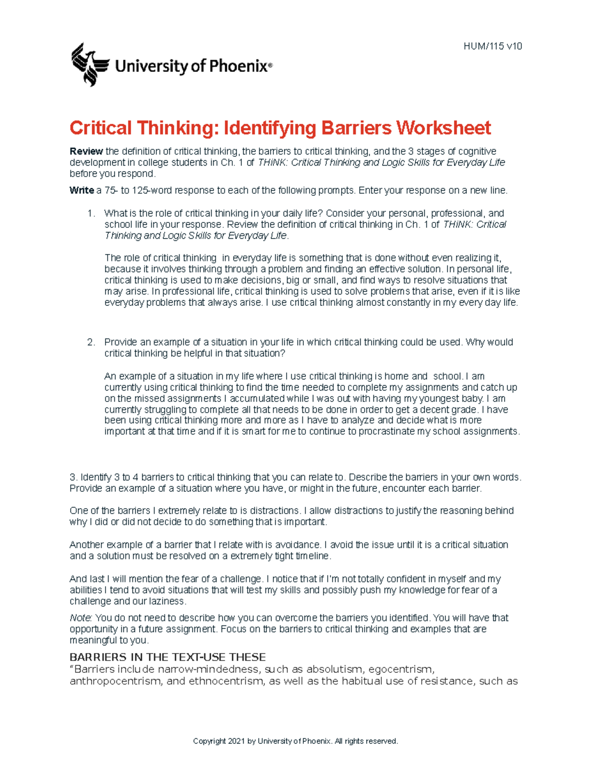 Nicholasa Vega wk1 critical thinking identifying barriers worksheet (17 ...