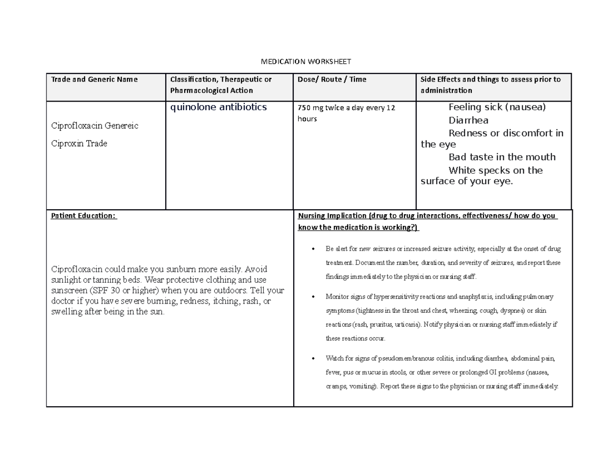 Week 7 med list - n/a - MEDICATION WORKSHEET Trade and Generic Name ...