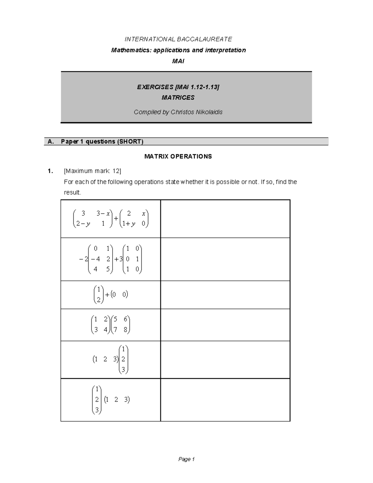MAI 1.12-1.13 Matrices - INTERNATIONAL BACCALAUREATE Mathematics ...